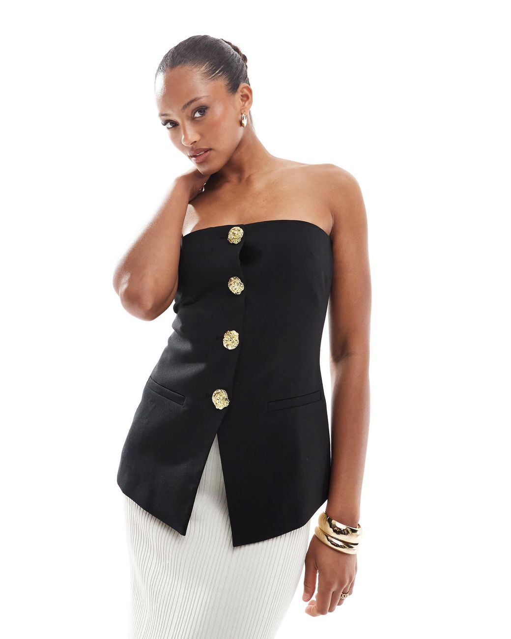 4th & Reckless Tailored Bandeau Split Front Gold Button Top in Blue | Lyst