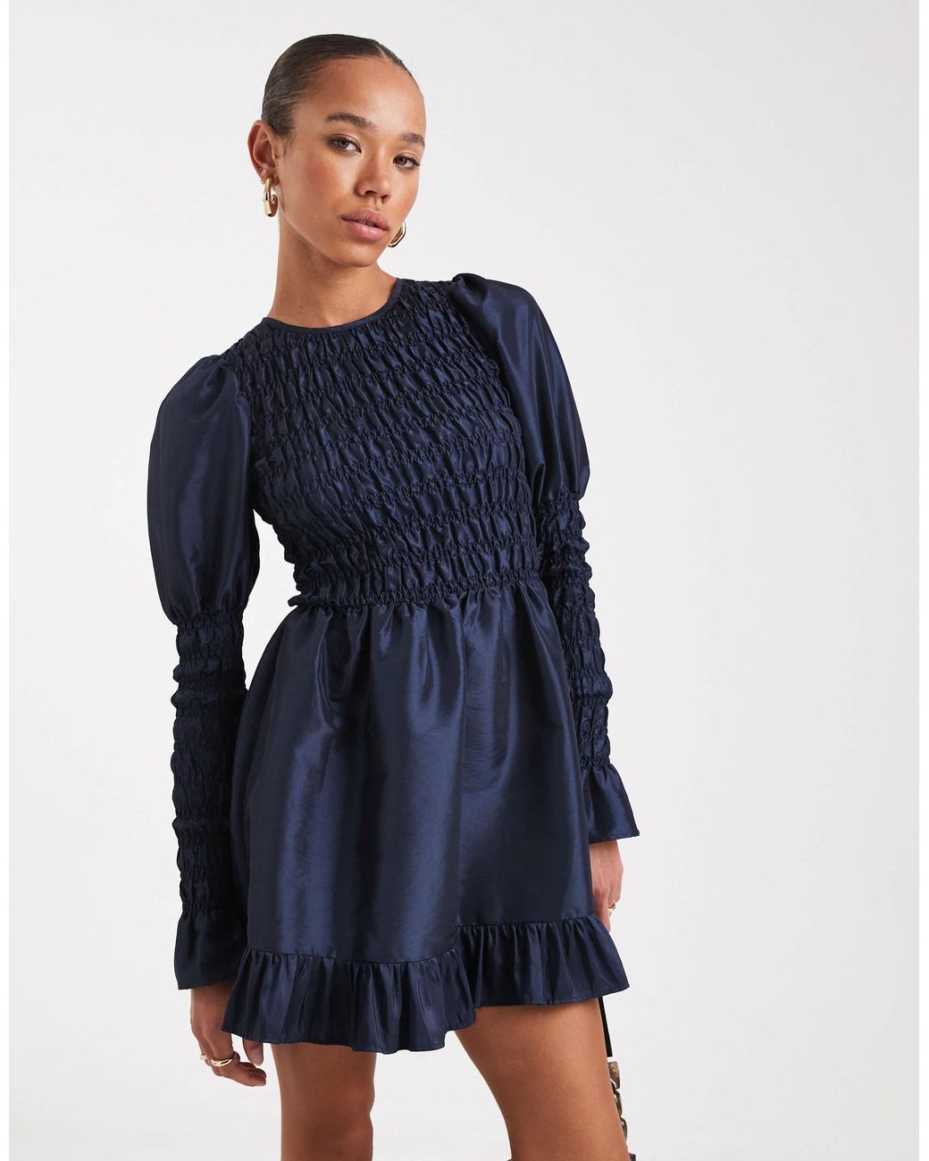 Daisy Street Shirred Volume Sleeve Mini Dress in Blue | Lyst