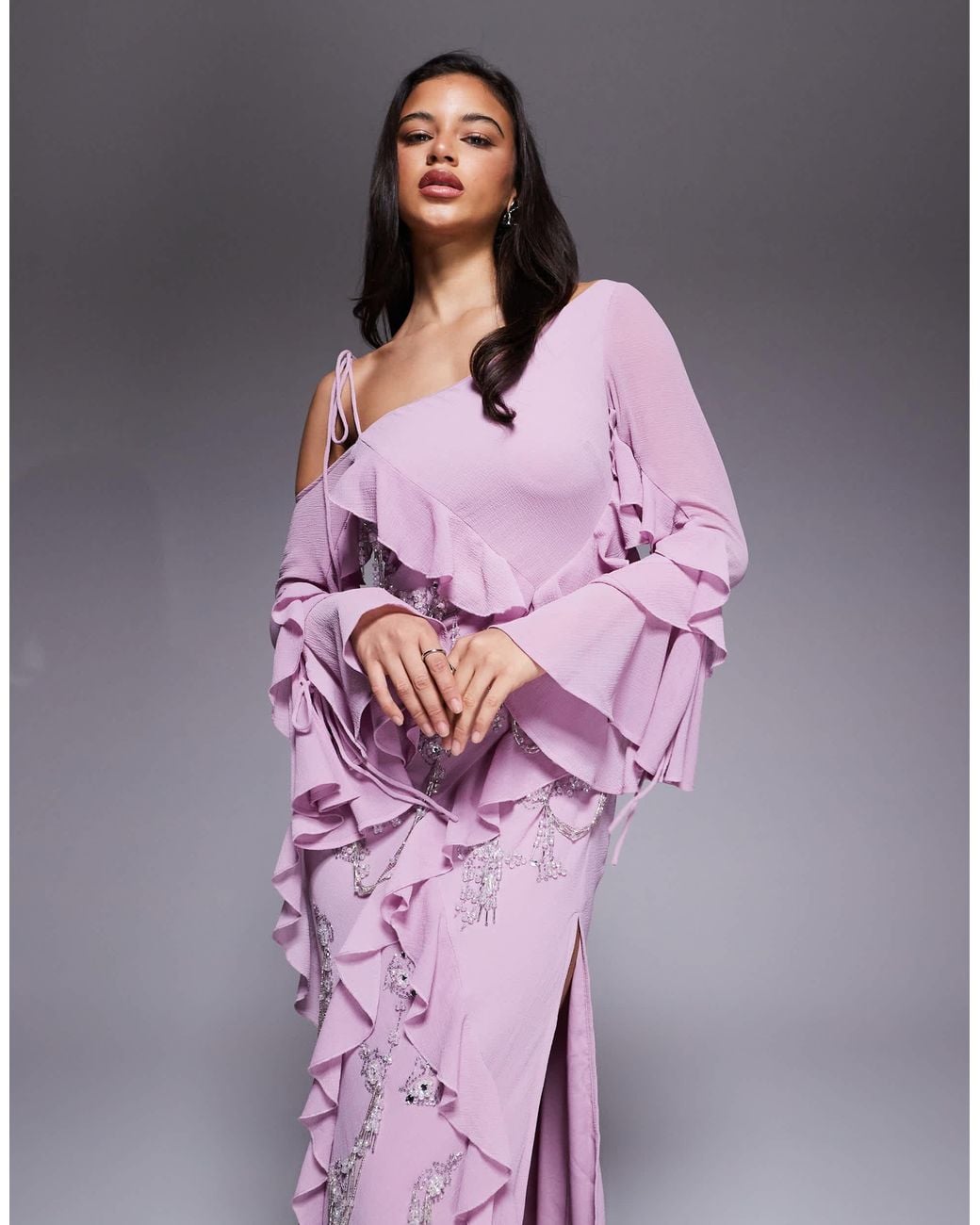 ASOS Raw Edge Ruffle Embellished Maxi Dress With Asymmetric Sleeves in ...