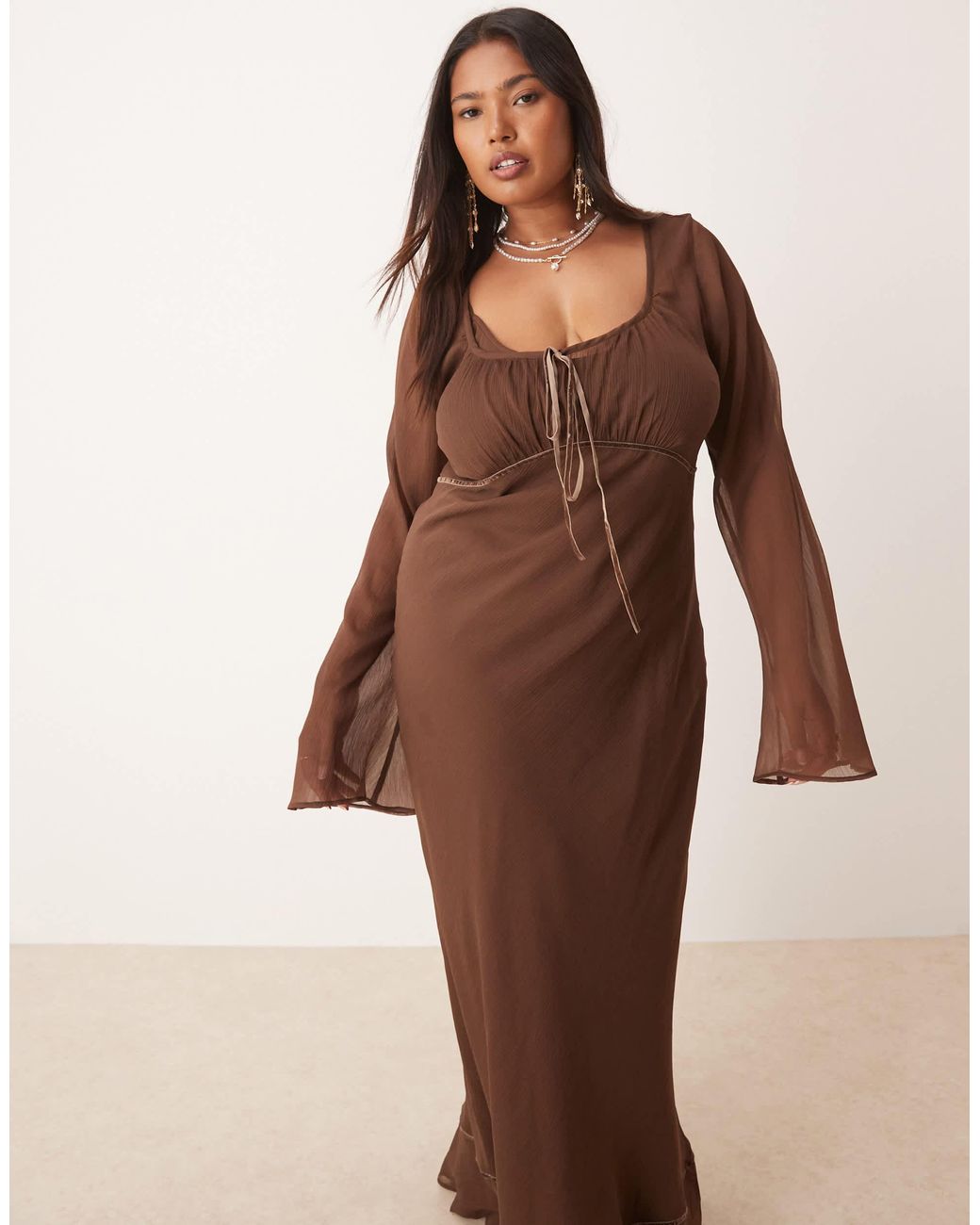 ASOS Asos Design Curve Ruched Bust Long Sleeve Maxi Dress in Brown | Lyst