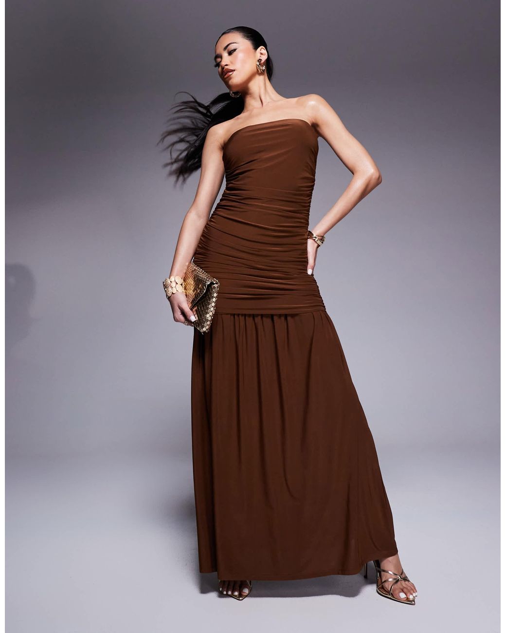 ASOS Ruched Bandeau Maxi Dress With Dropped Waist in Brown | Lyst