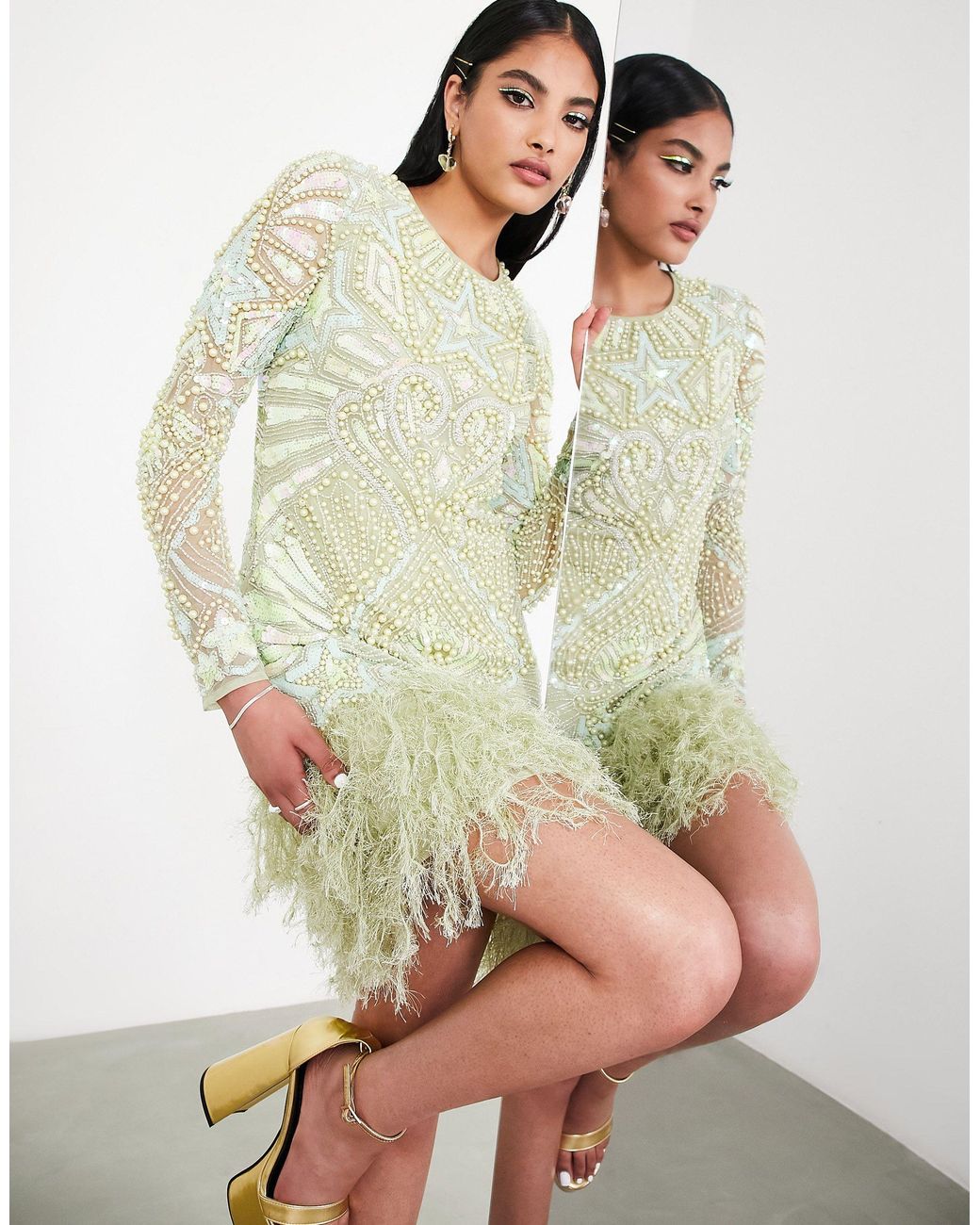 ASOS Pearl & Sequin Star Faux Feather Hem Mini Dress in Green | Lyst