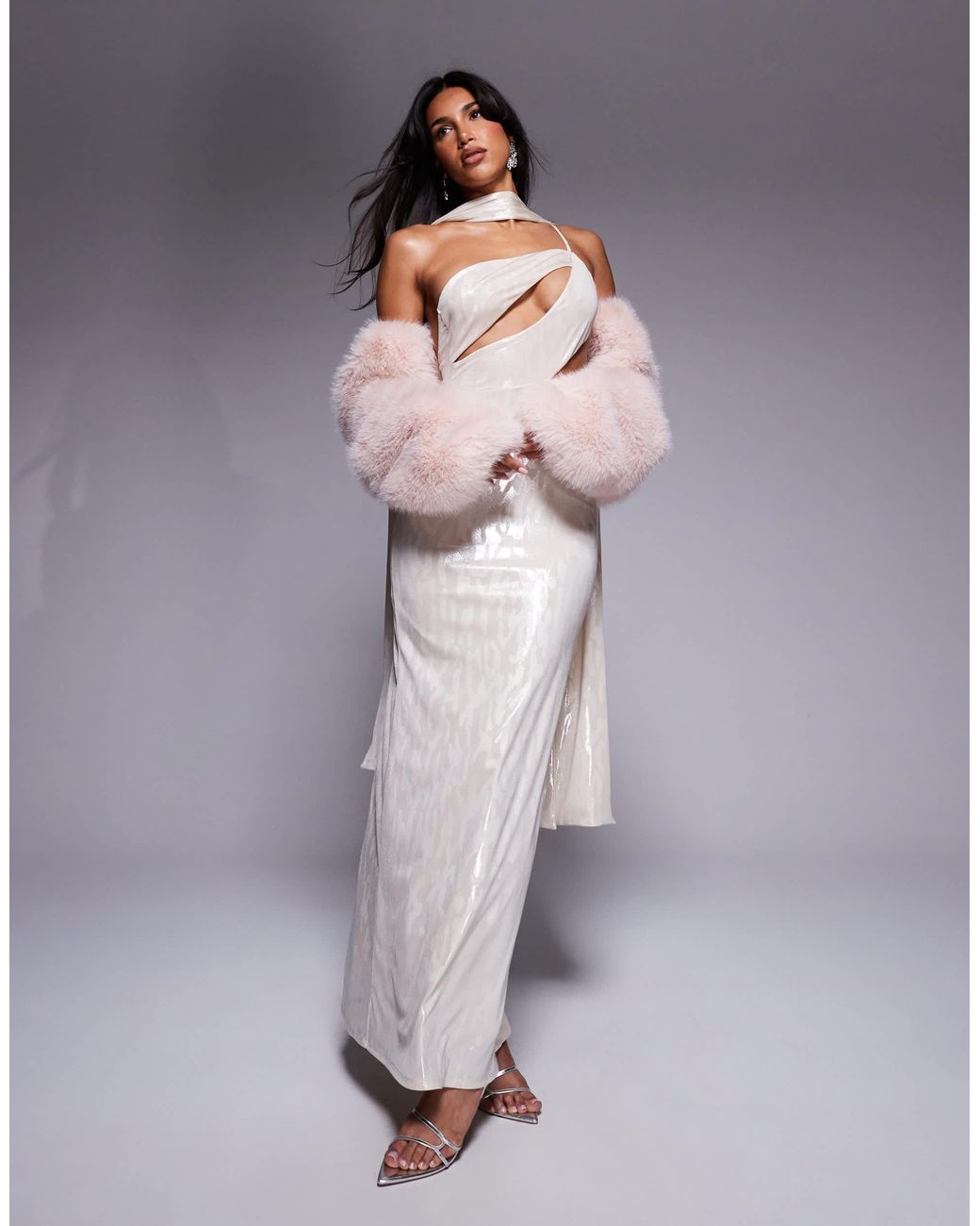 ASOS Metallic Asymmetric Slash Neck Maxi Dress With Neck Tie Sash in ...