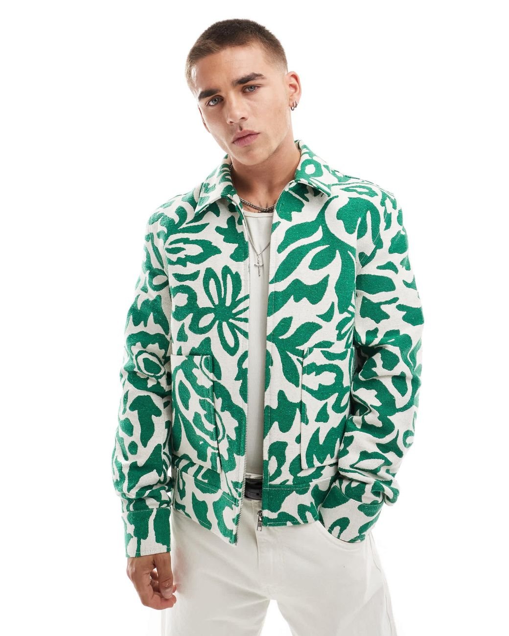 ASOS Floral Jacquard Harrington Jacket in Green for Men | Lyst