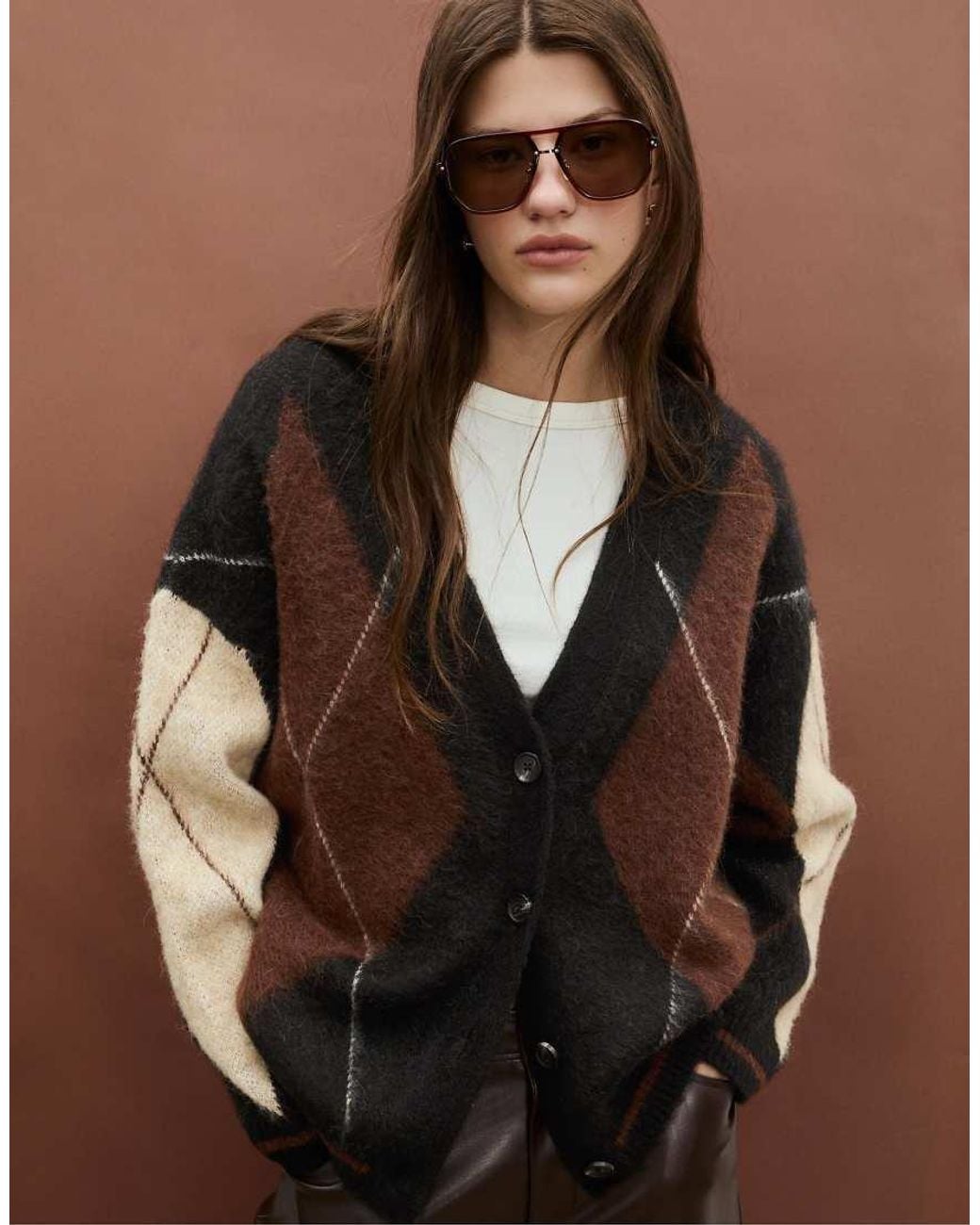 Stradivarius Knit Cardigan With Diamond Design in Brown | Lyst UK