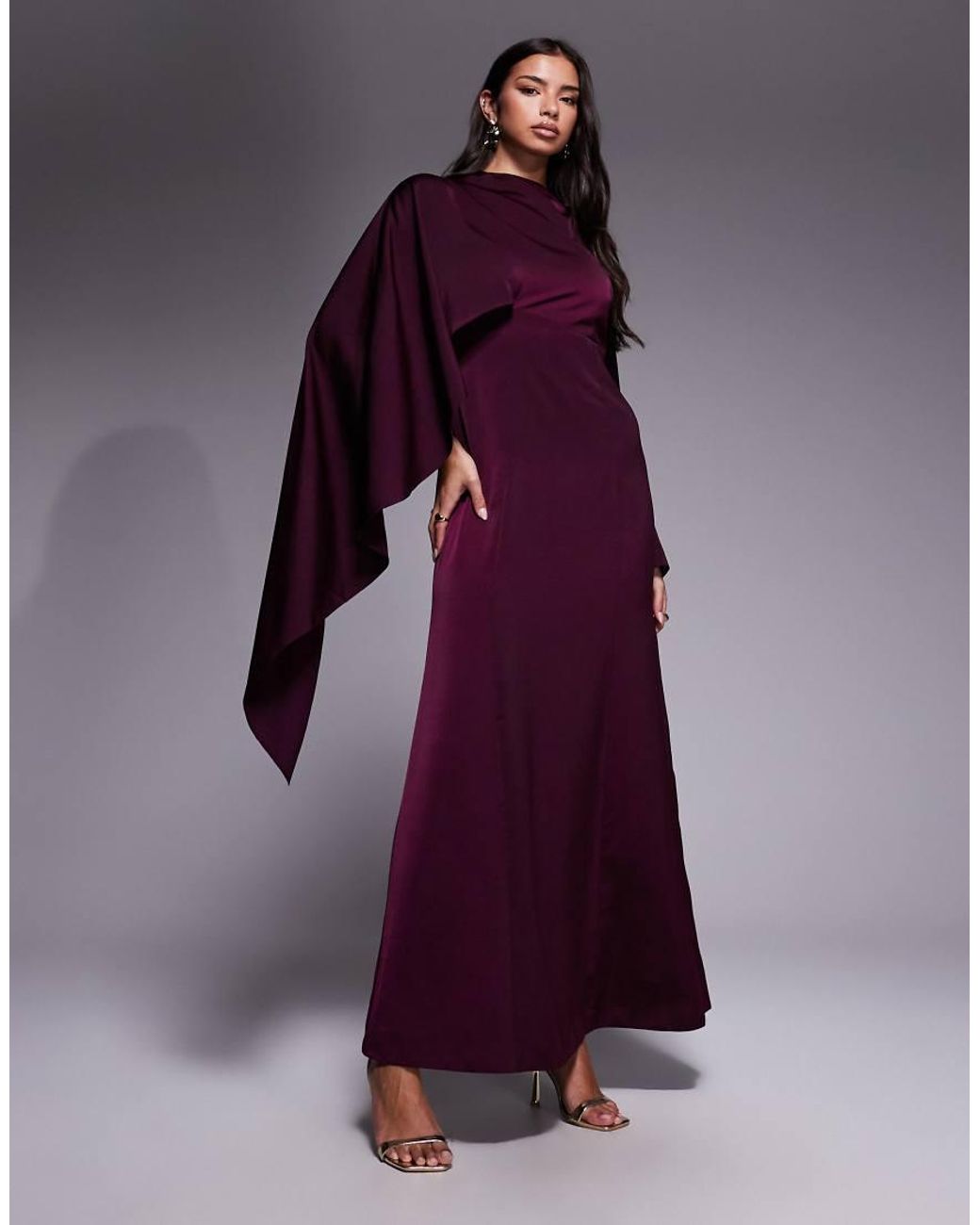 ASOS Asymmetric Cape Detail Long Sleeve Maxi Dress in Purple | Lyst UK