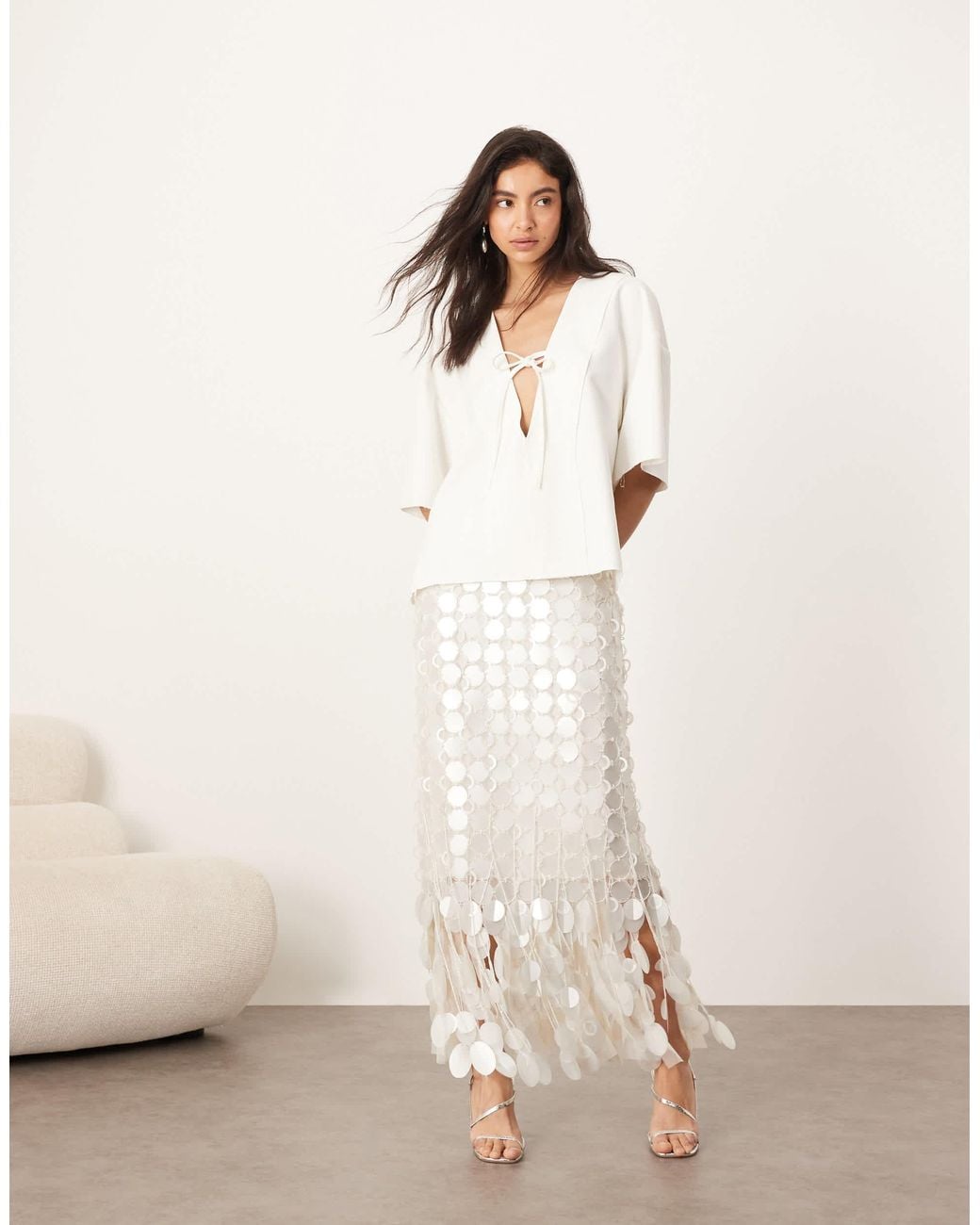 ARRANGE Futurist Sequin Embellished Fringe Hem Midi Skirt in Natural | Lyst