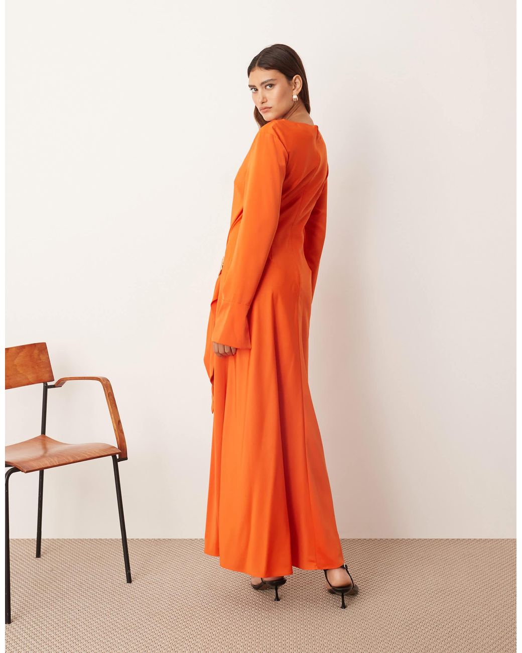 ARRANGE Long Sleeve Drape Maxi Dress With Molten Metal Trim in Orange ...