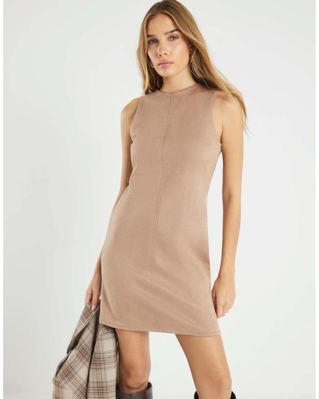 River Island Faux Suede Shift Dress in Natural | Lyst UK