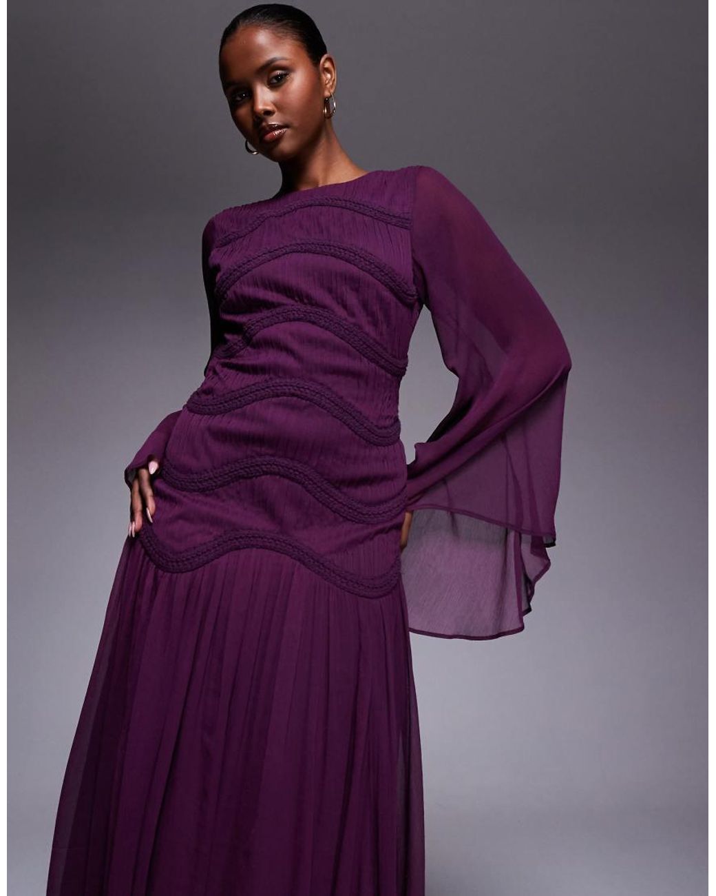 ASOS Panelled Bodice Long Sleeve Maxi Dress With Lace Trims in Purple ...