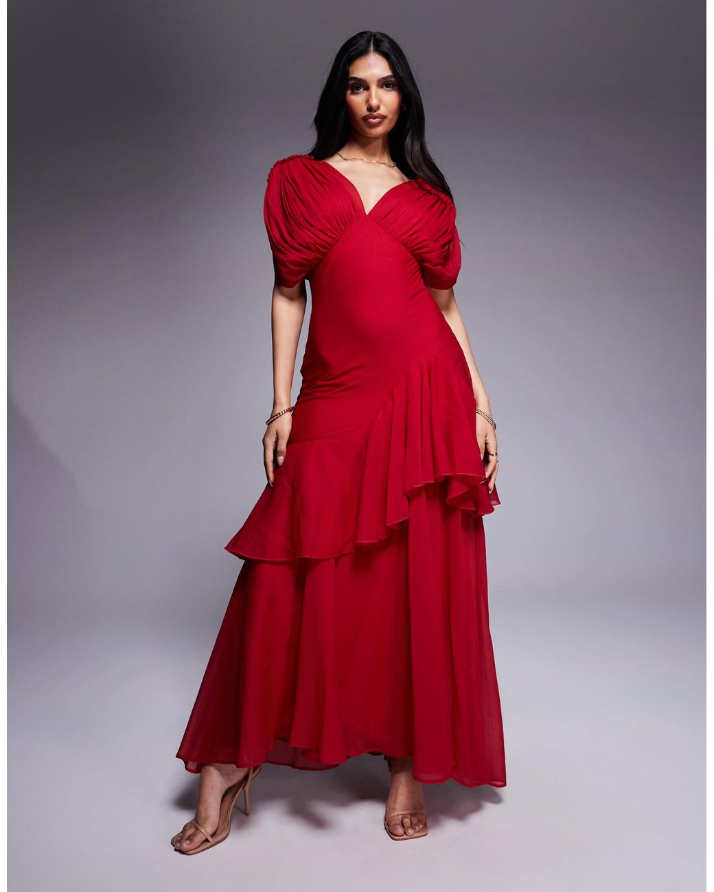 ASOS Blouson Bias Maxi Dress With Ruffle Hem in Red | Lyst