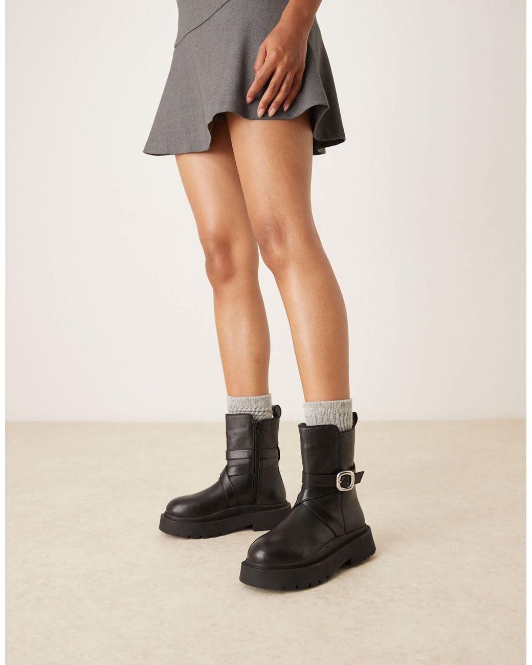 ASOS Amelia Leather Chunky Flat Ankle Boots With Buckle Detailing in ...
