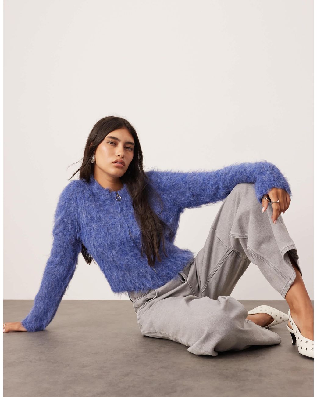 ASOS Fluffy Knit Zip Through Cropped Cardigan in Blue | Lyst