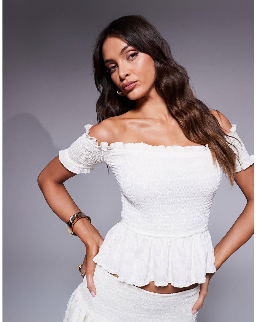 Kaiia Exclusive Shirred Textured Peplum Bardot Top in White | Lyst