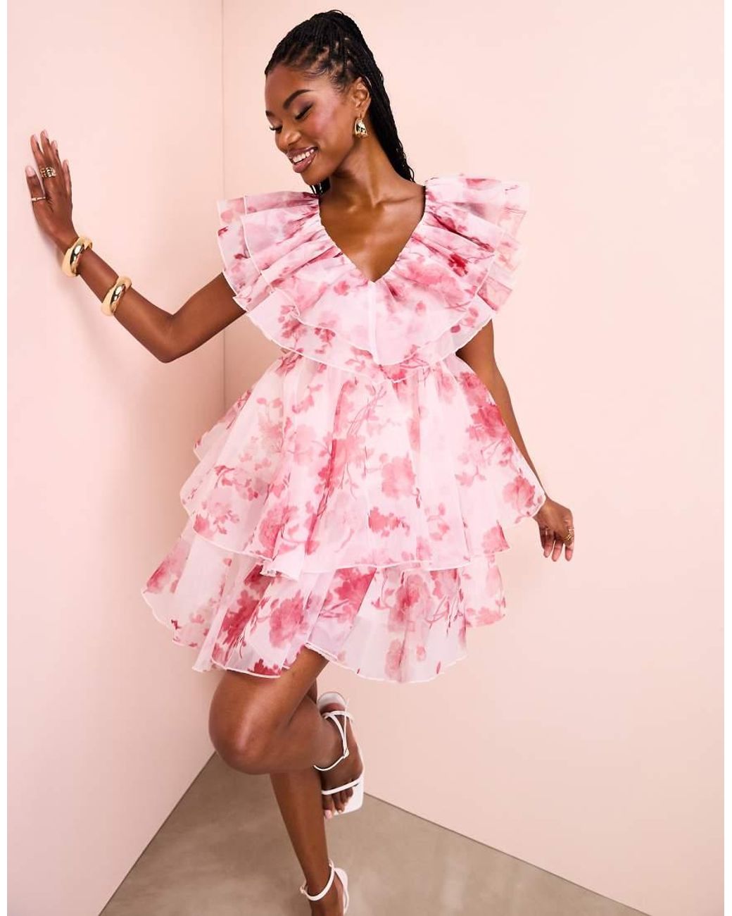 ASOS Organza Ruffle Baby Doll Mini Dress in Pink | Lyst UK