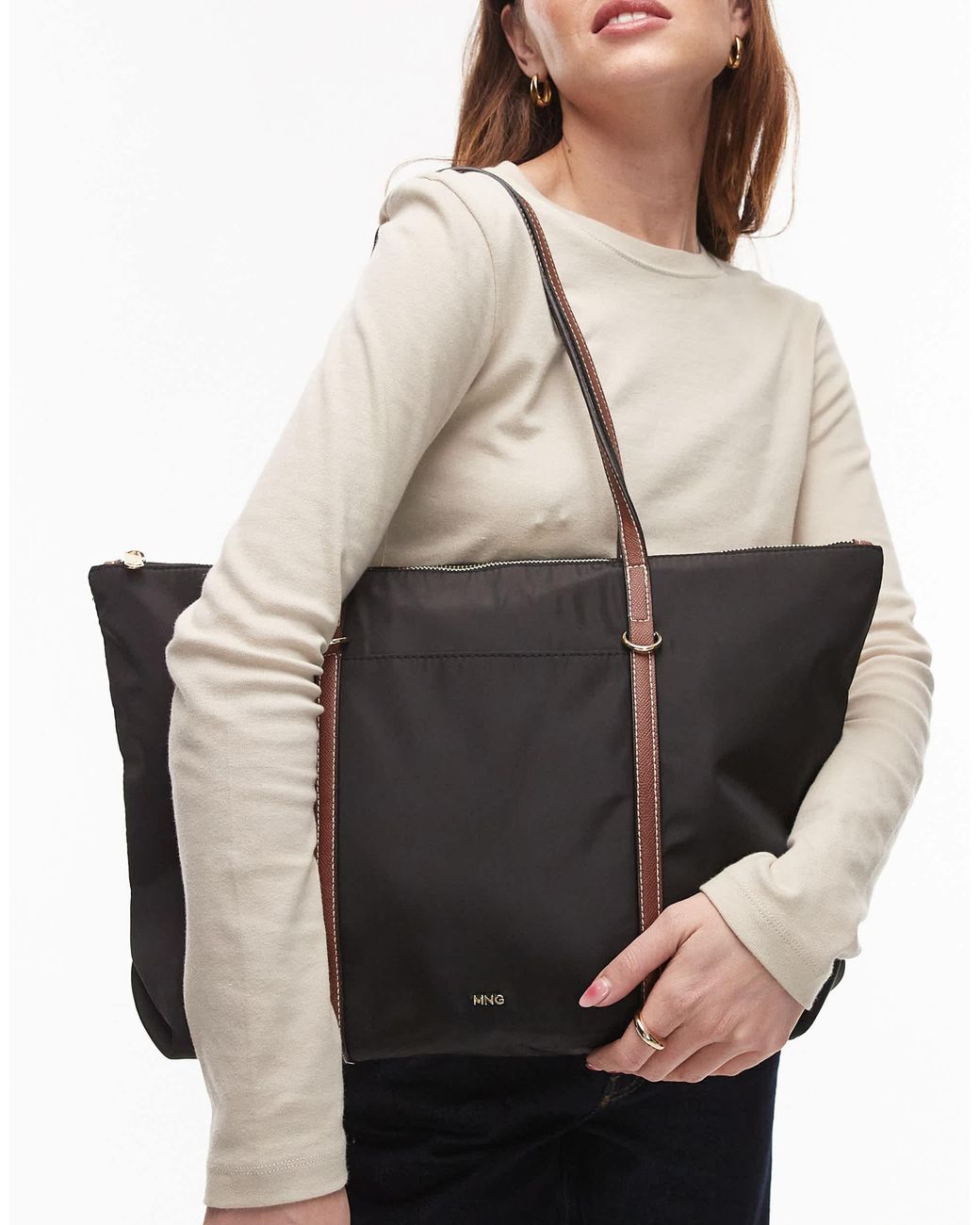 Mango Classic Tote Bag With Contrast Handles in Natural | Lyst