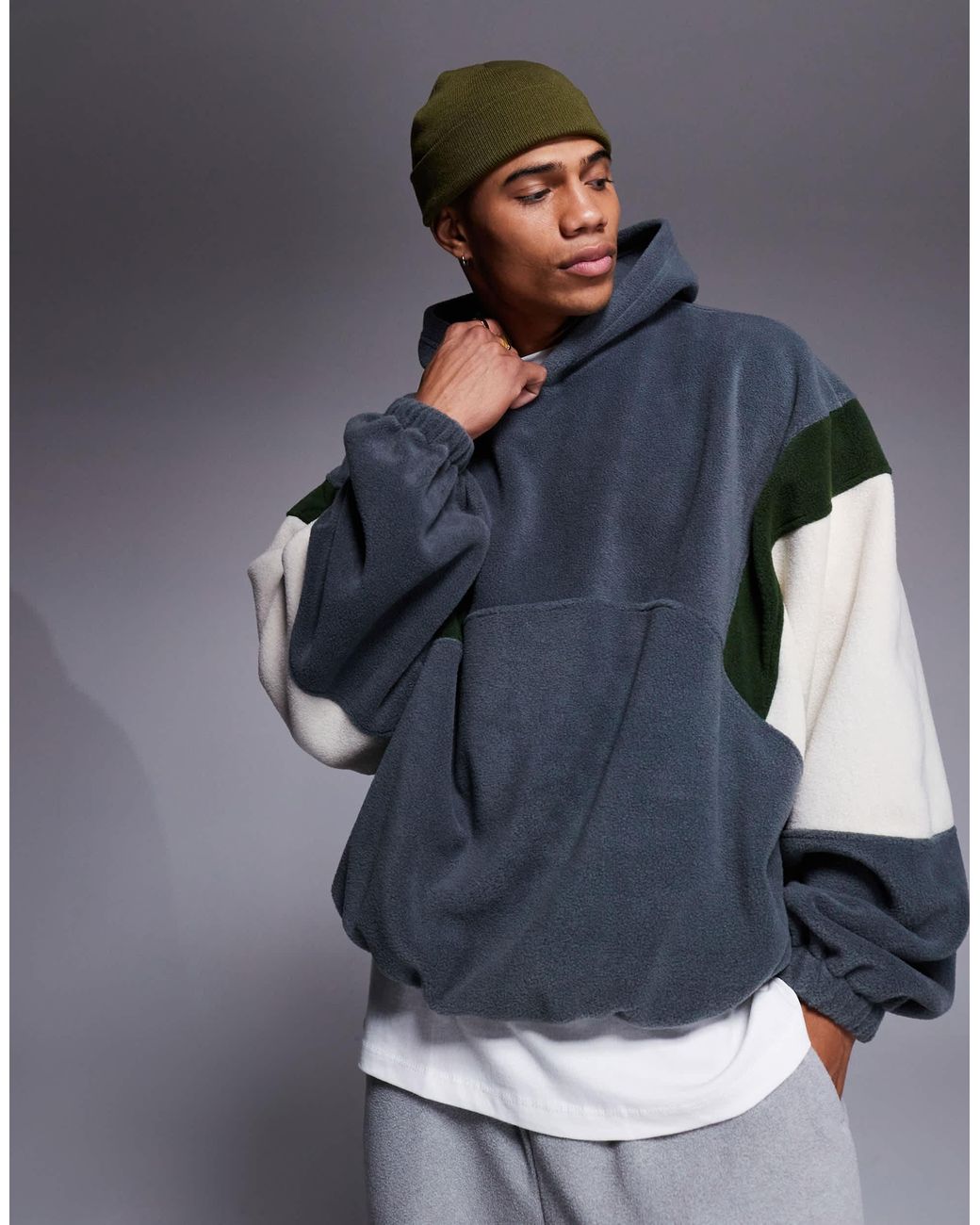 ASOS Oversized Polar Fleece Hoodie With Colour Block in Blue for Men | Lyst