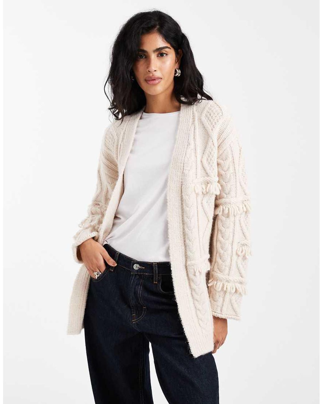 New Look Fringe Cable Stitch Cardigan in White | Lyst UK