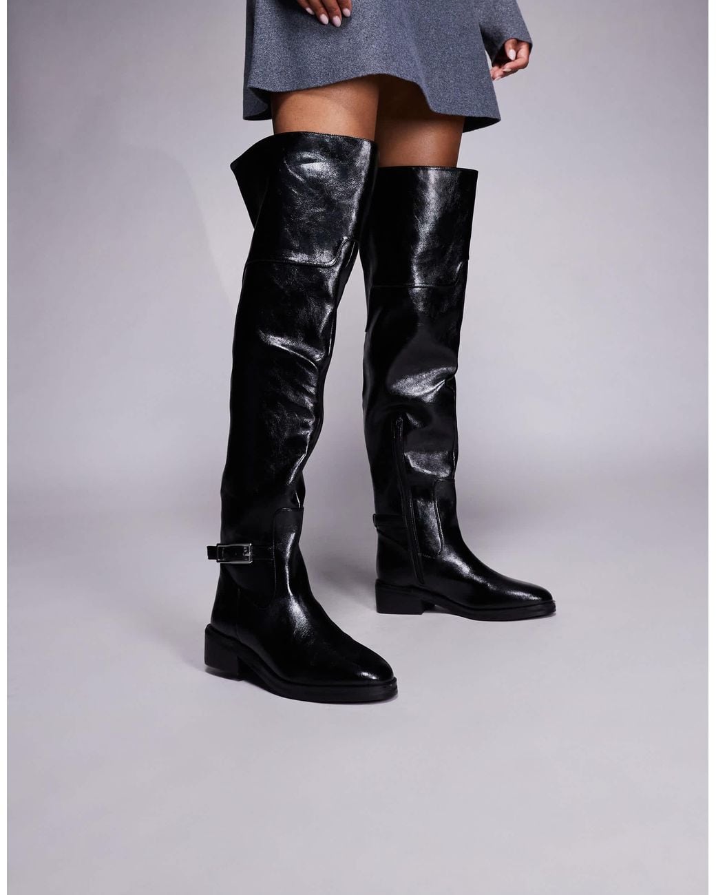 River Island Buckle Over The Knee Boots in Black | Lyst