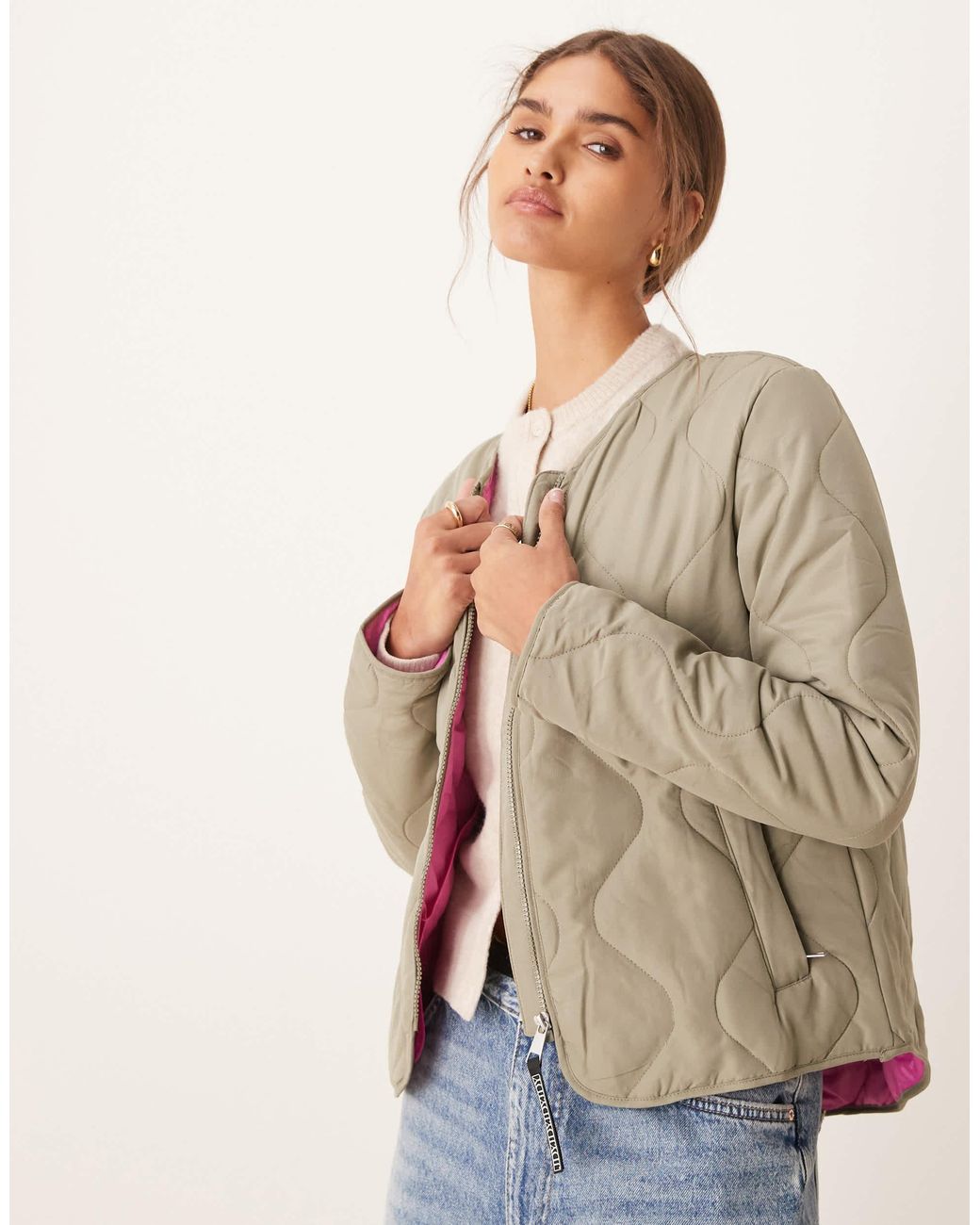 Jdy Zip Through Onion Quilt Coat in Brown | Lyst