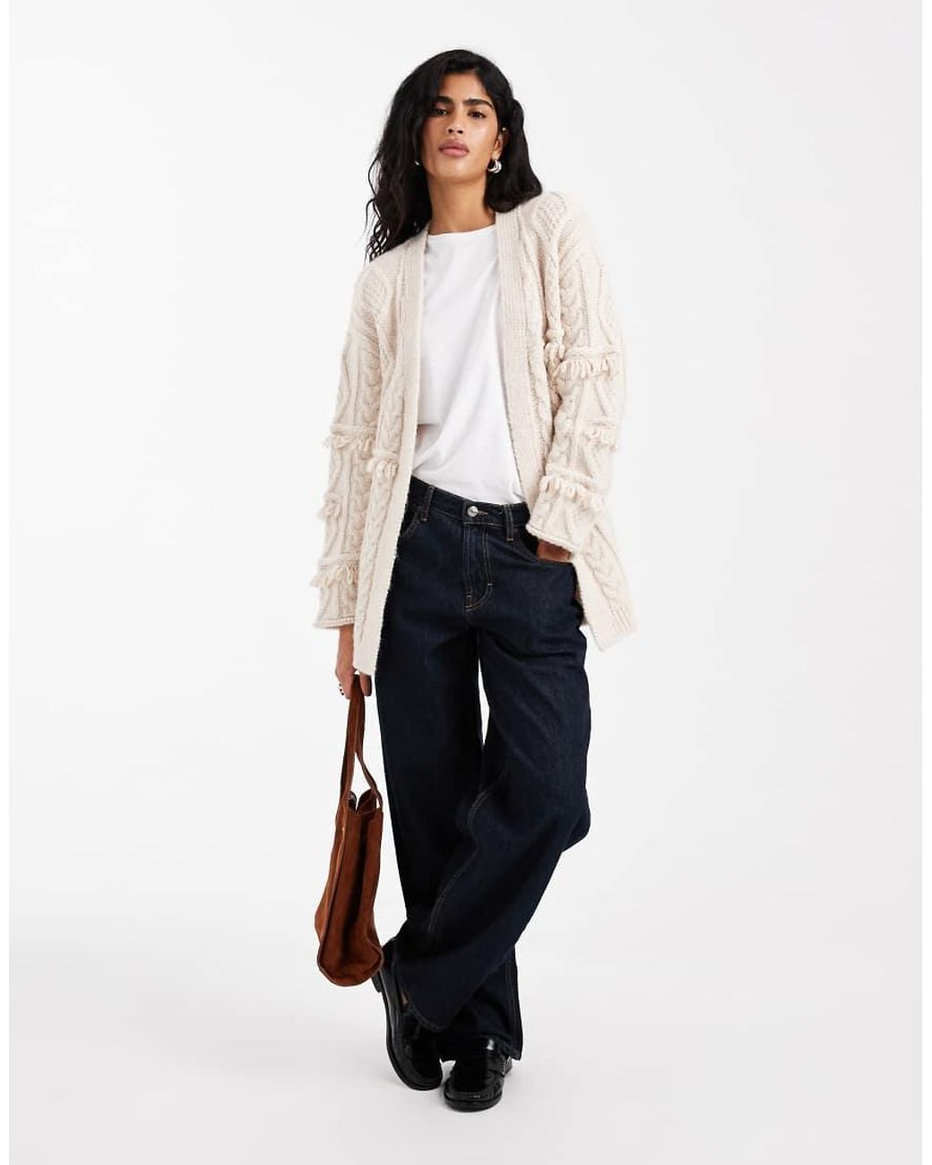 New Look Fringe Cable Stitch Cardigan in White | Lyst UK