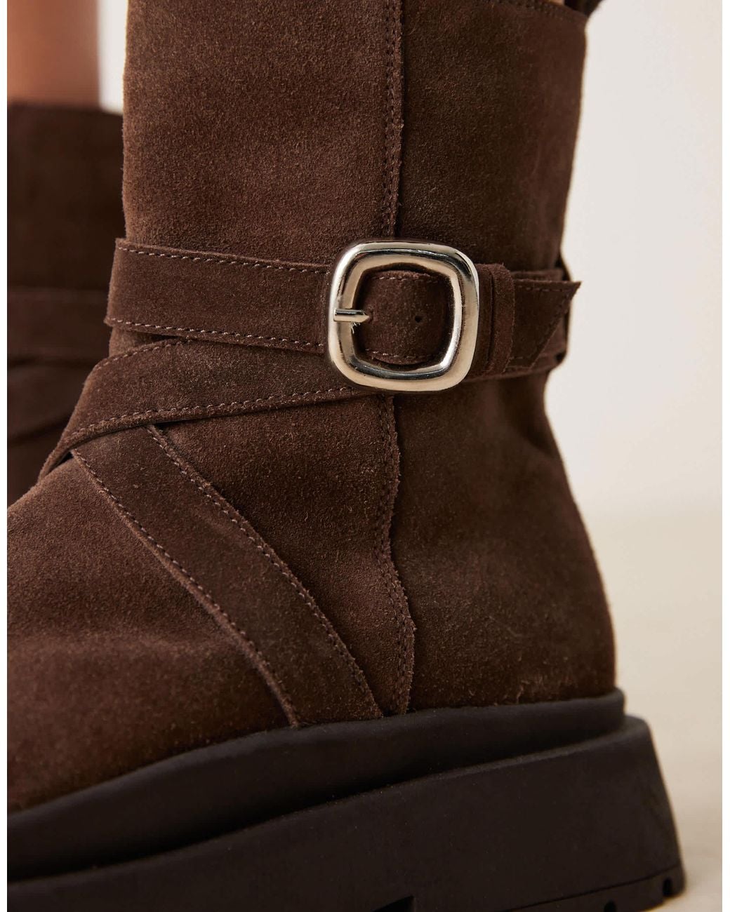 ASOS Amelia Suede Chunky Flat Ankle Boots With Buckle Detail in Brown ...