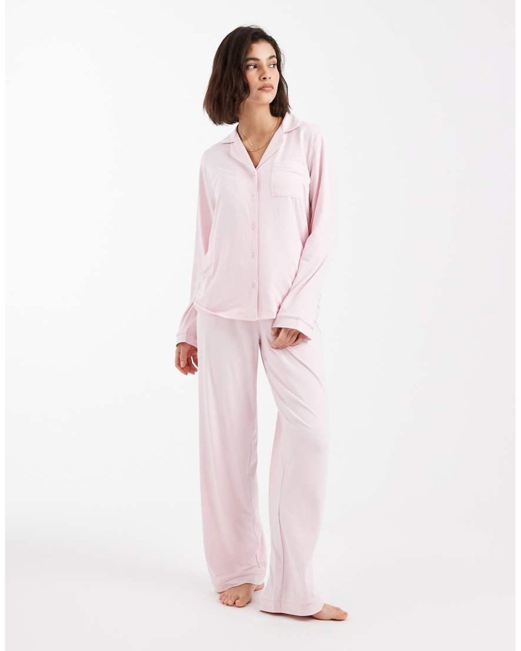 Loungeable Super Soft Jersey Revere Top And Wide Leg Pyjama Set in Pink ...