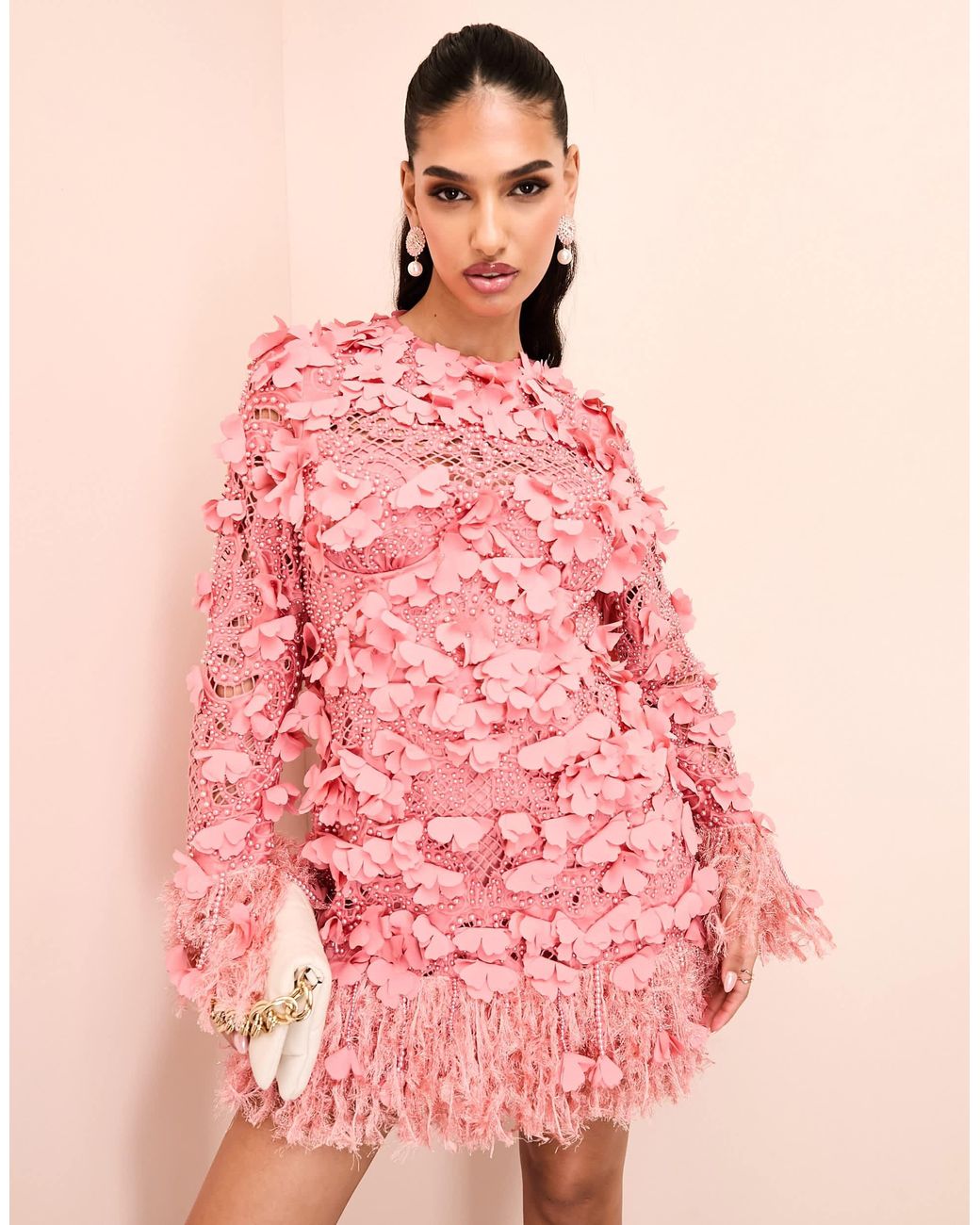 ASOS 3D Floral Embellished Broderie Mini Dress With Faux Feather Trim in Pink | Lyst