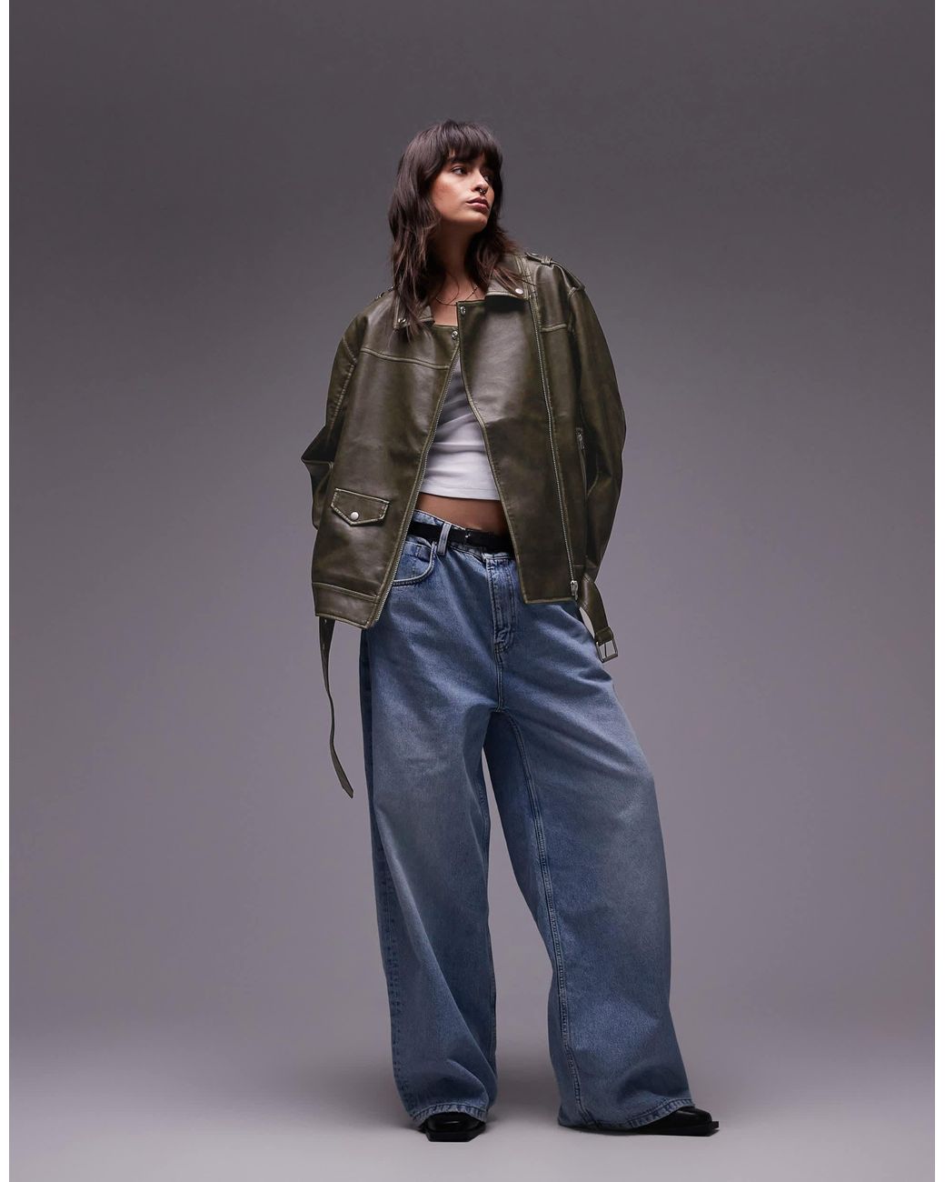 TOPSHOP Super Oversized Faux Leather Biker Jacket in Gray | Lyst