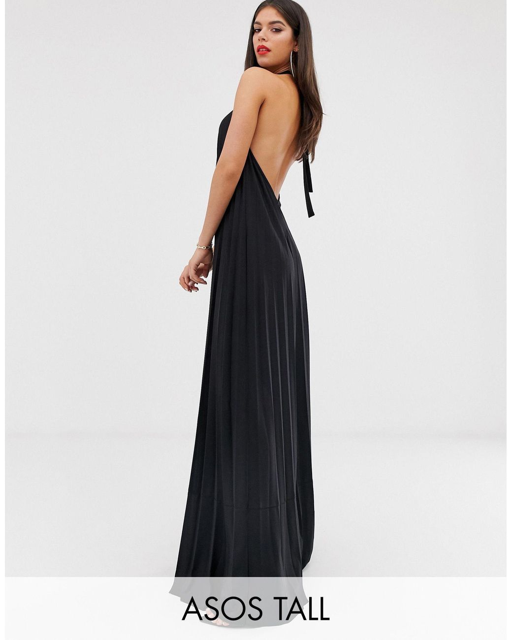 ASOS Asos Design Tall Backless Halter Pleated Maxi Dress in Black | Lyst