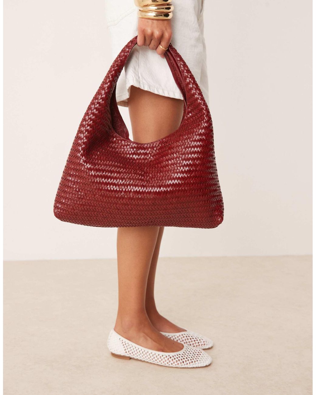 Mango Woven Leather Slouchy Shoulder Bag in Pink | Lyst