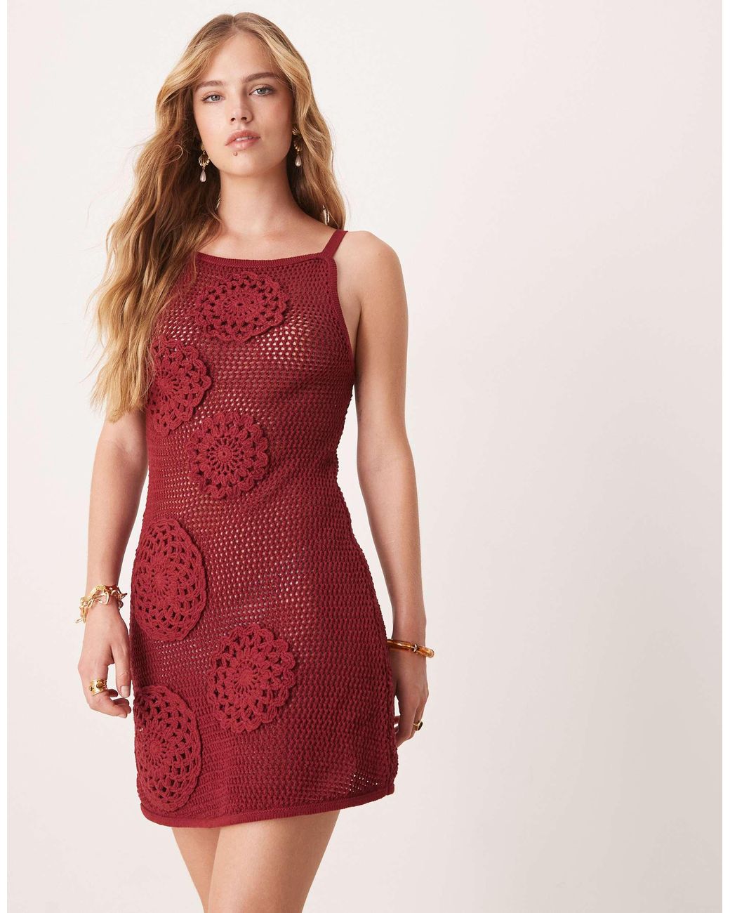 ASOS Knitted Mini Dress With Crochet Applique in Red | Lyst