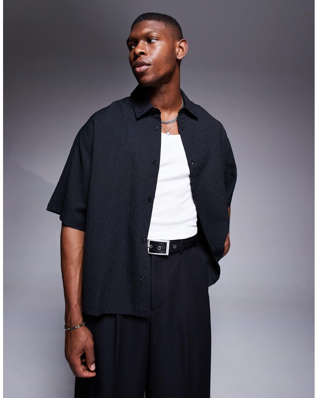 ASOS Boxy Oversized Textured Shirt With Press Studs in Blue for Men | Lyst