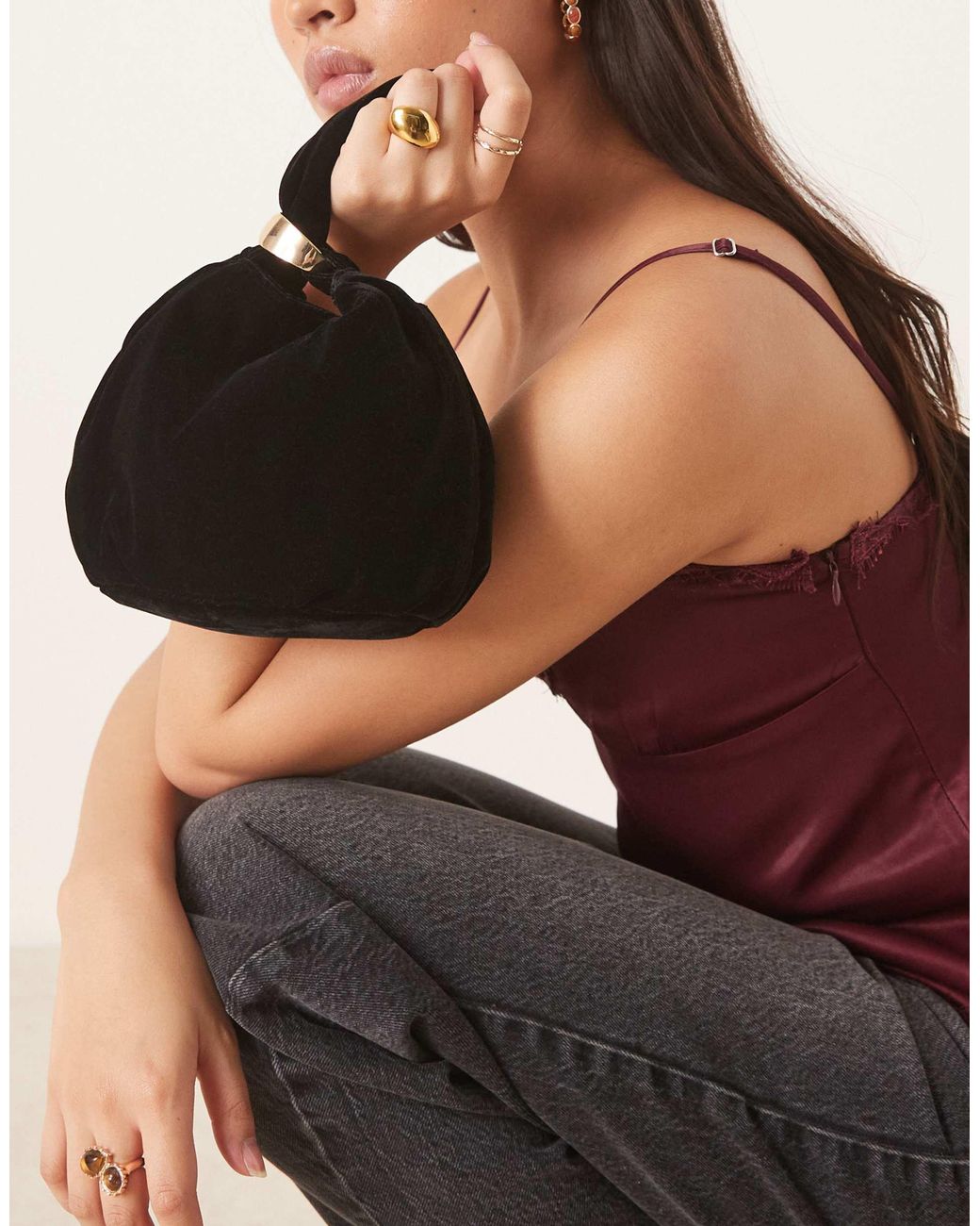Mango Velvet Pouch Bag With Gold Accent in Black | Lyst