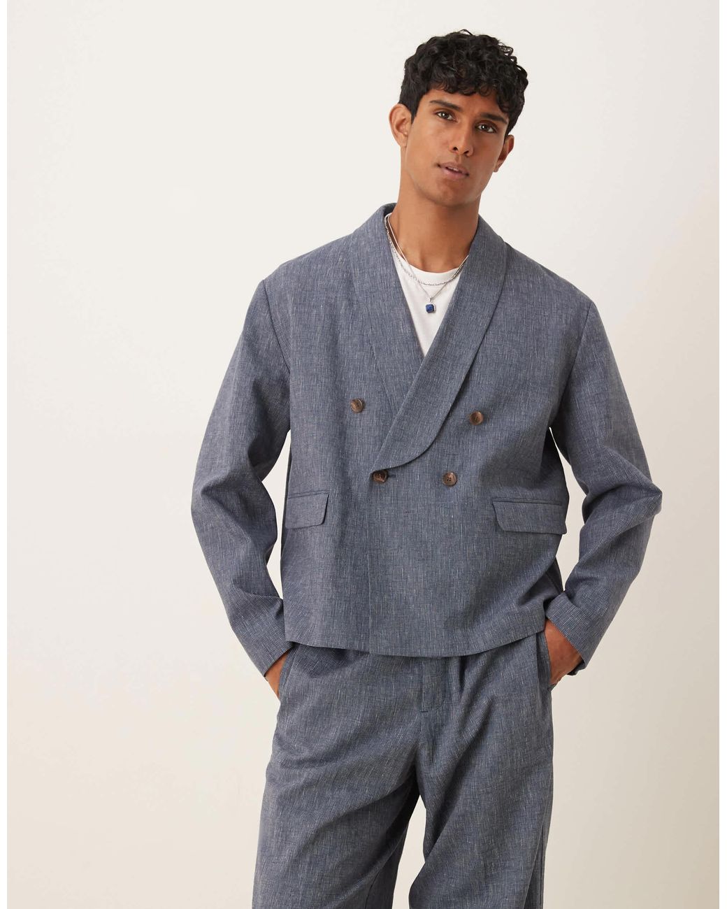 ASOS Double Breasted Linen Boxy Suit Jacket in Blue for Men | Lyst