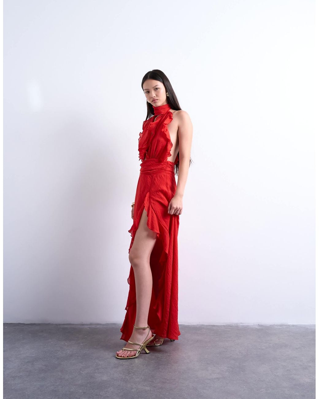TOPSHOP Deep Plunge Ruffle Maxi Gown in Red | Lyst