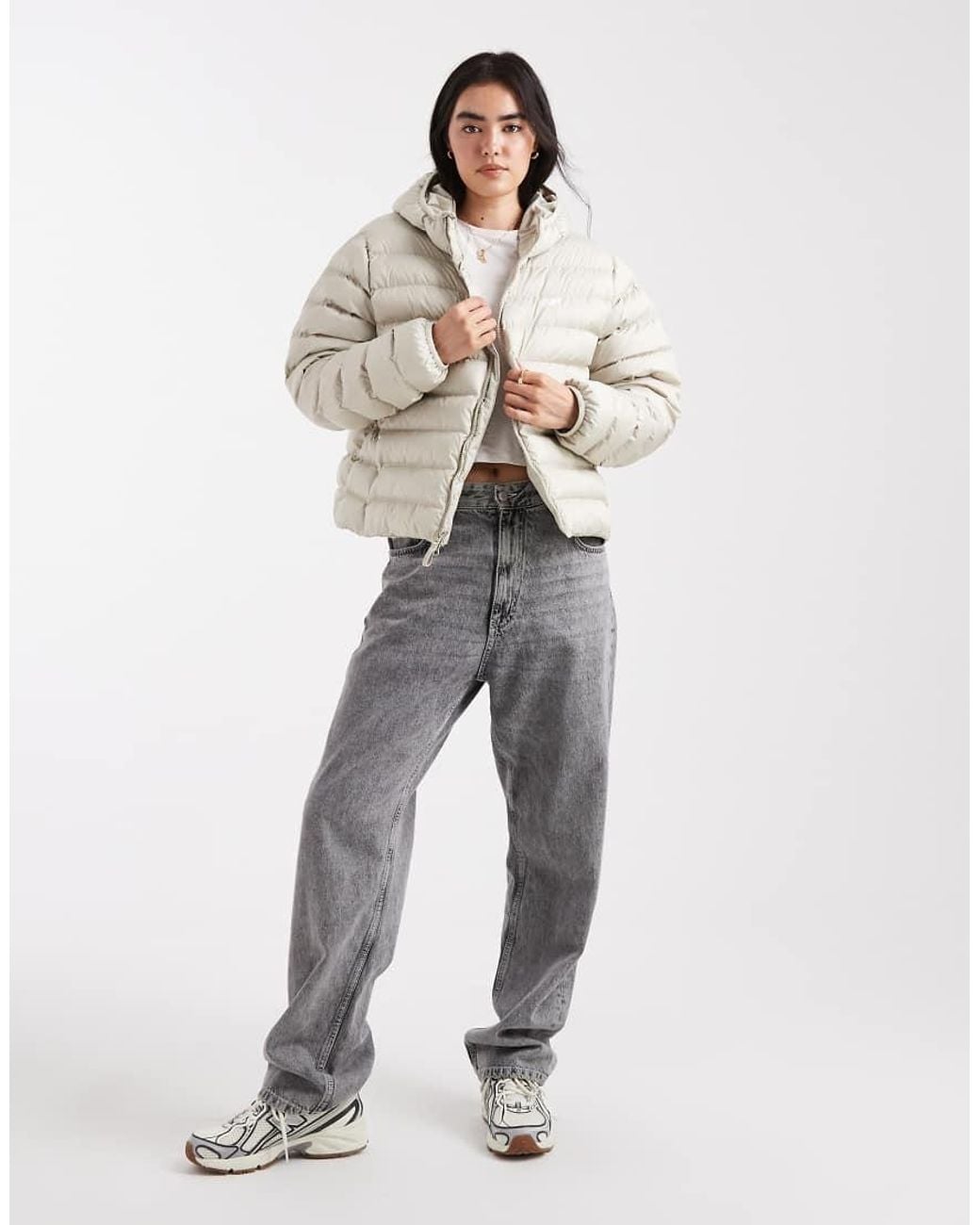 New Balance Sport Essentials Hooded Puffer Jacket in Natural | Lyst UK