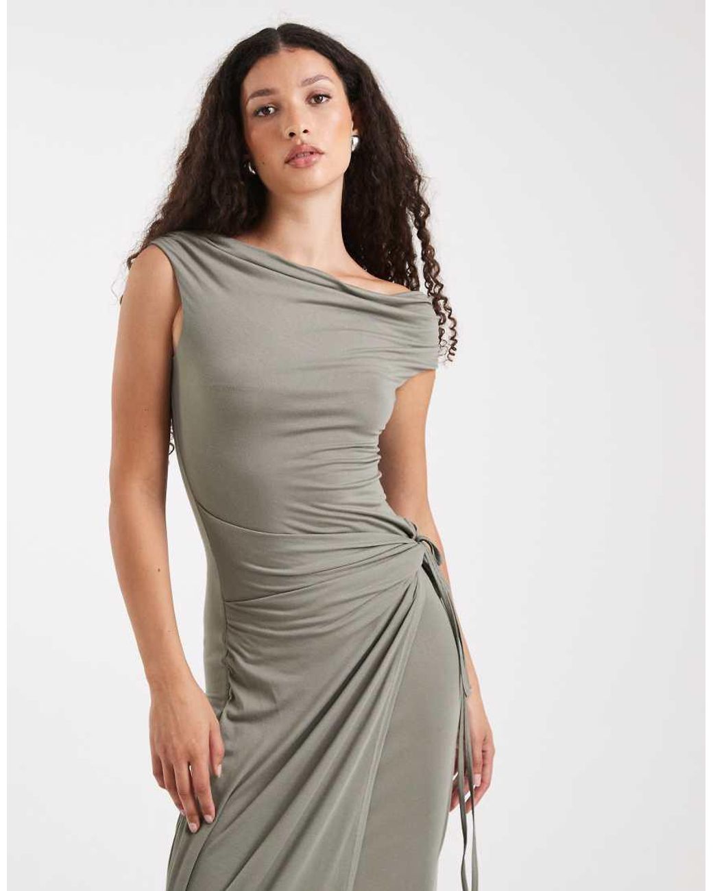 ASOS Fallen Shoulder Wrap Waist Midi Dress in Grey | Lyst UK