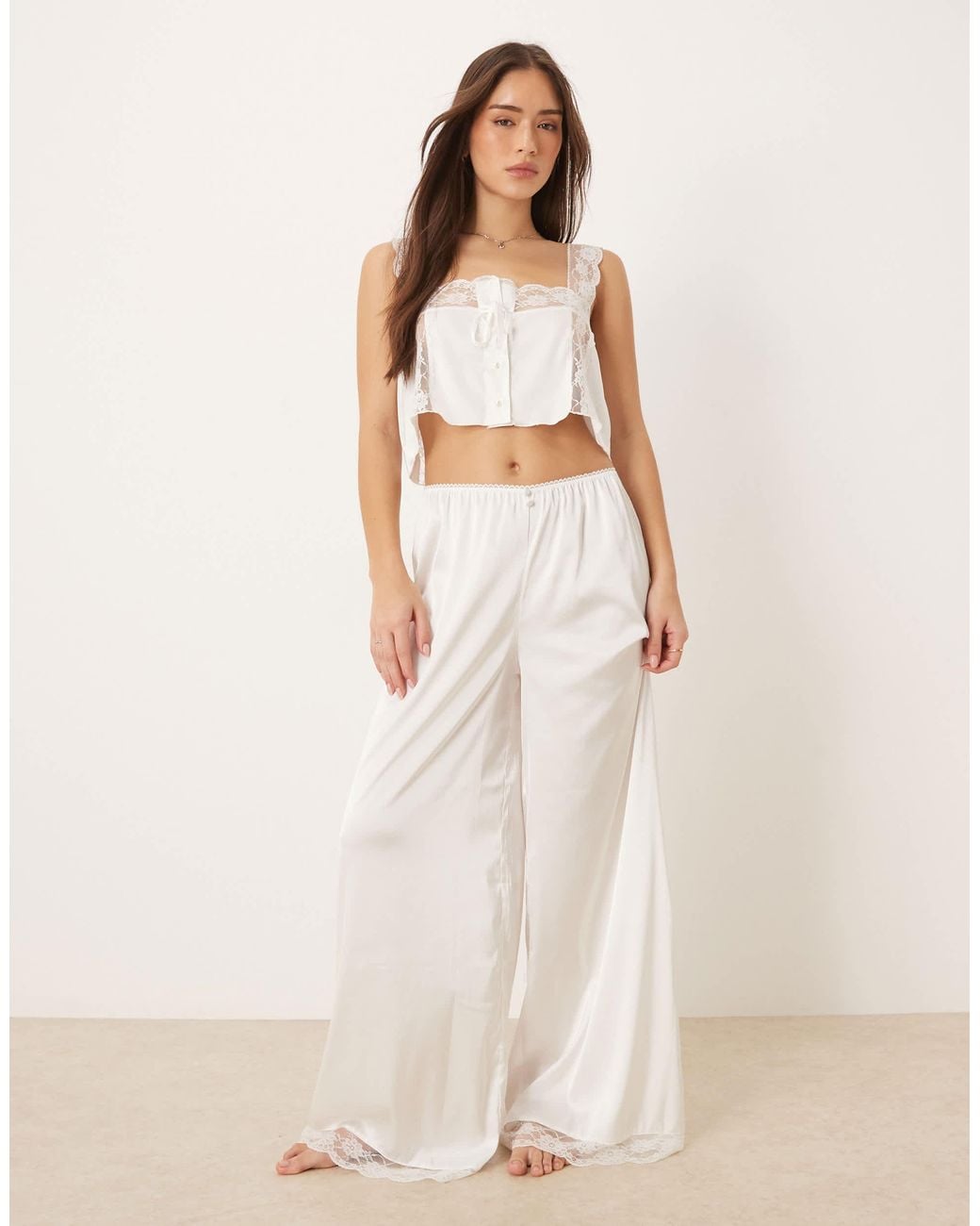 KAT THE LABEL Cindy Satin Wide Leg Trousers With Lace Trim in Natural ...