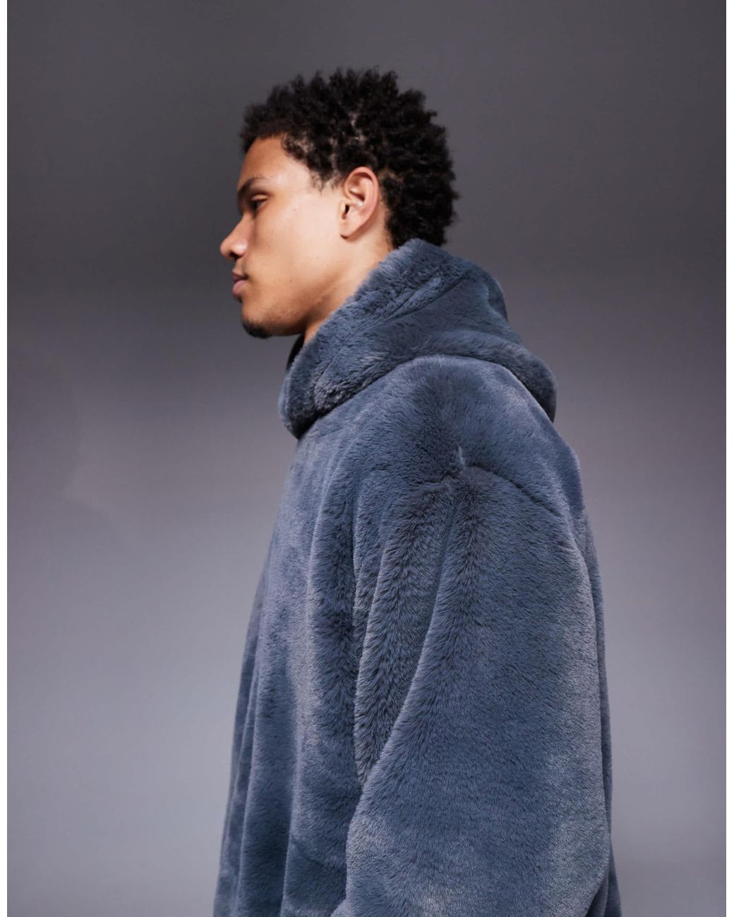 ASOS Relaxed Faux-fur Hoodie With Side Entry Pockets in Blue for Men | Lyst