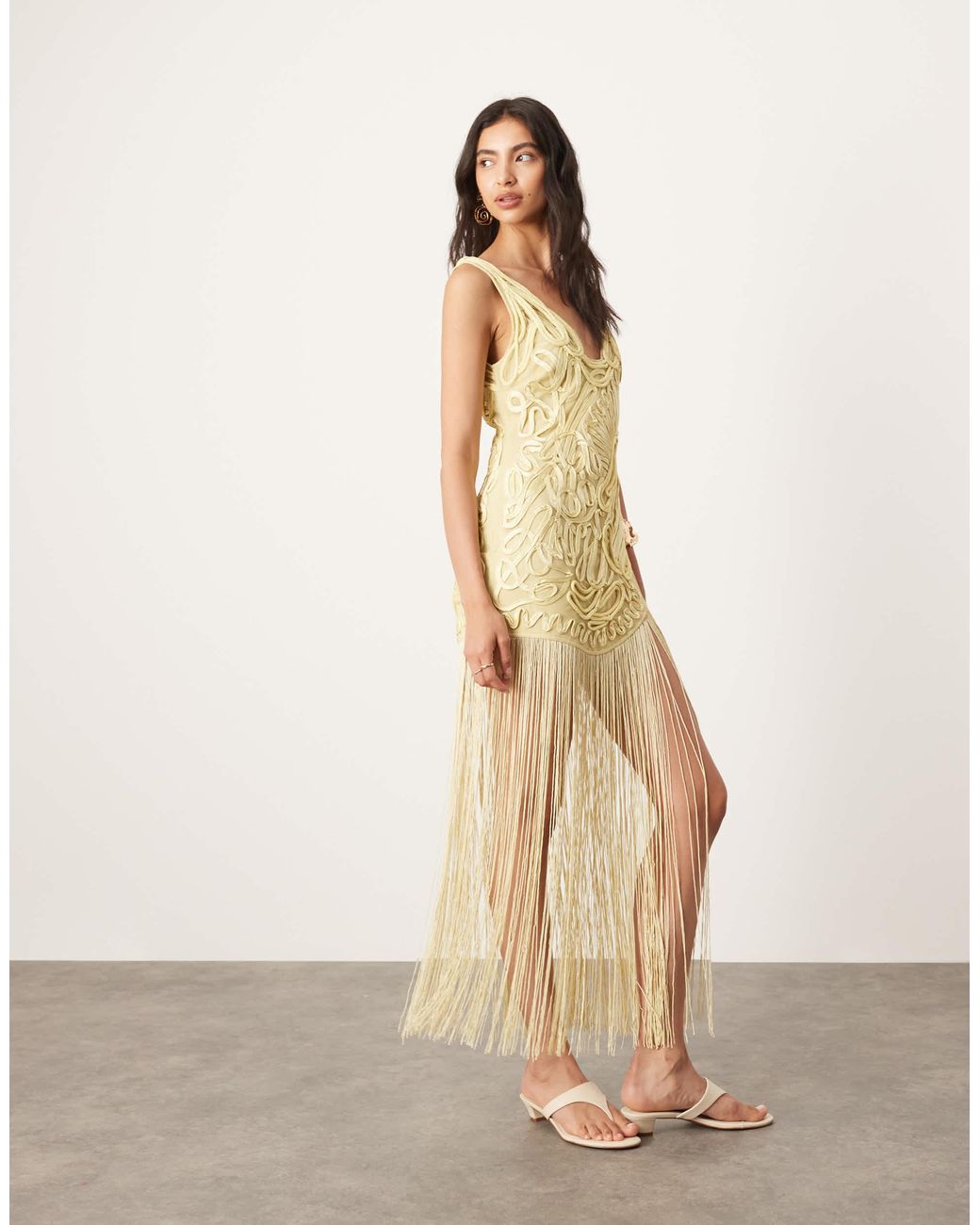 ASOS Embroidered Satin Cornelli Maxi Dress With Fringe Detail in Natural | Lyst