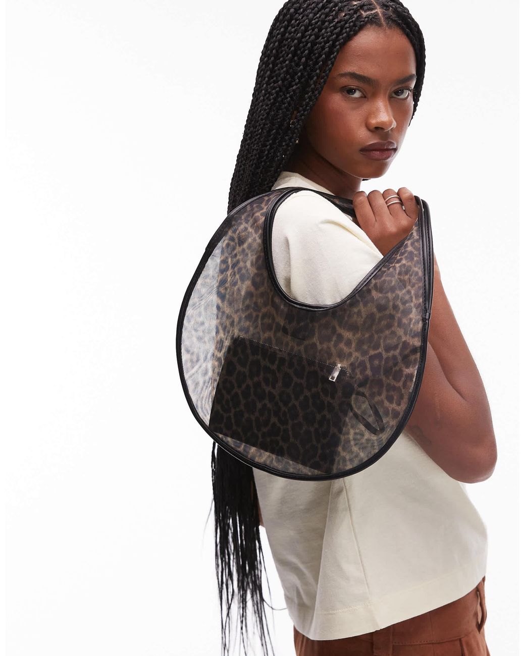 Mango Mesh Leopard Print Hand Bag in Black | Lyst
