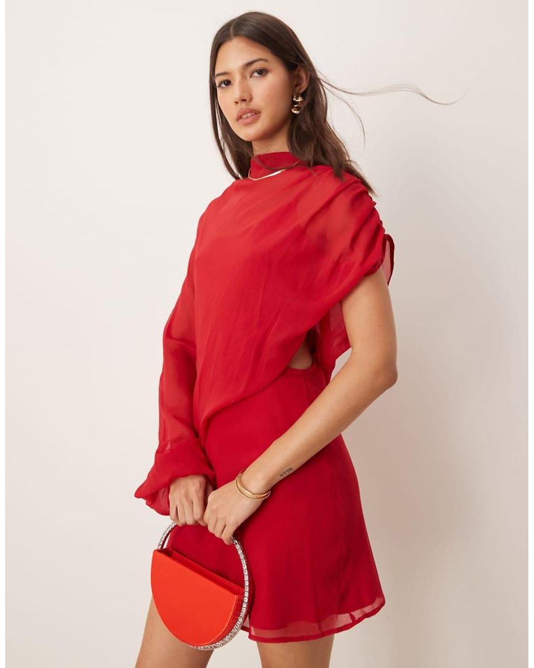 ASOS High Neck Draped Asymmetric Mini Dress With Cut Out in Red | Lyst UK