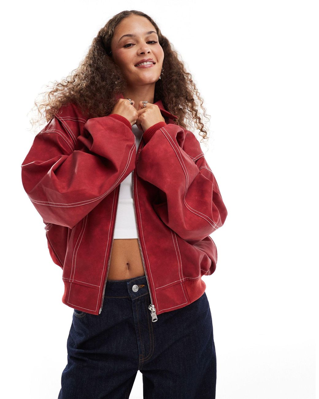 Lioness Leather Look Contrast Stitch Bomber Jacket in Red | Lyst