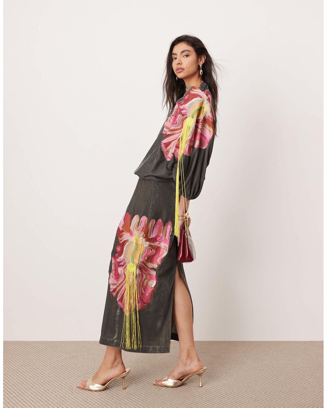 ASOS Velvet Embroidered Maxi Dress With Fringe Detail in Natural | Lyst