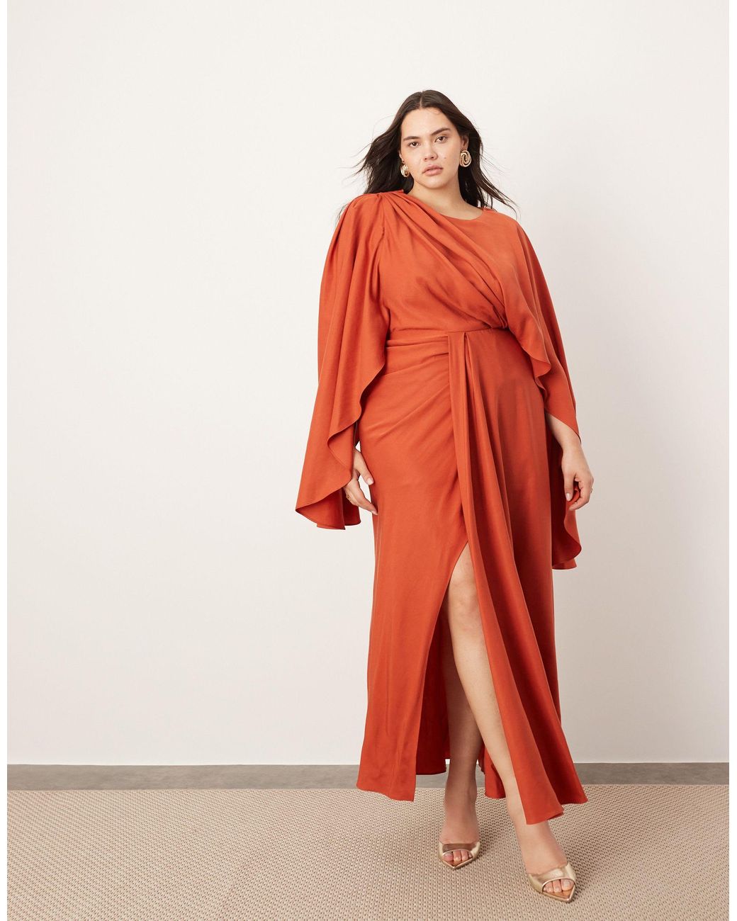 ASOS Curve Volume Flare Sleeve Grecian Cut Out Maxi Dress in Orange | Lyst