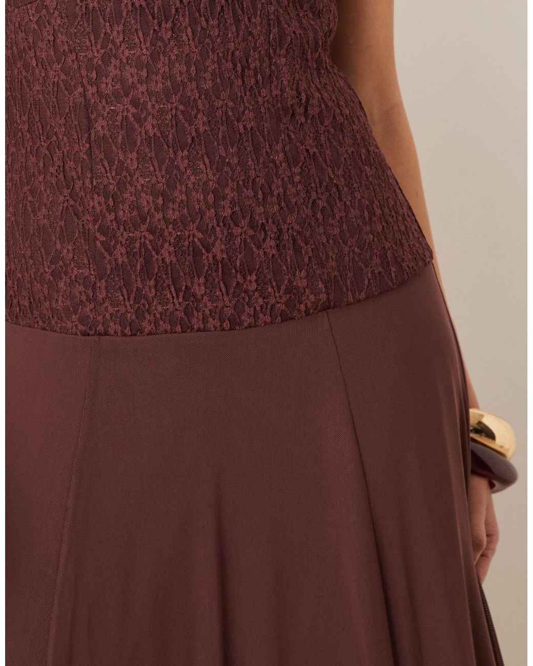 ASOS Sleeveless Lace Maxi Dress With Mesh Skirt in Brown | Lyst