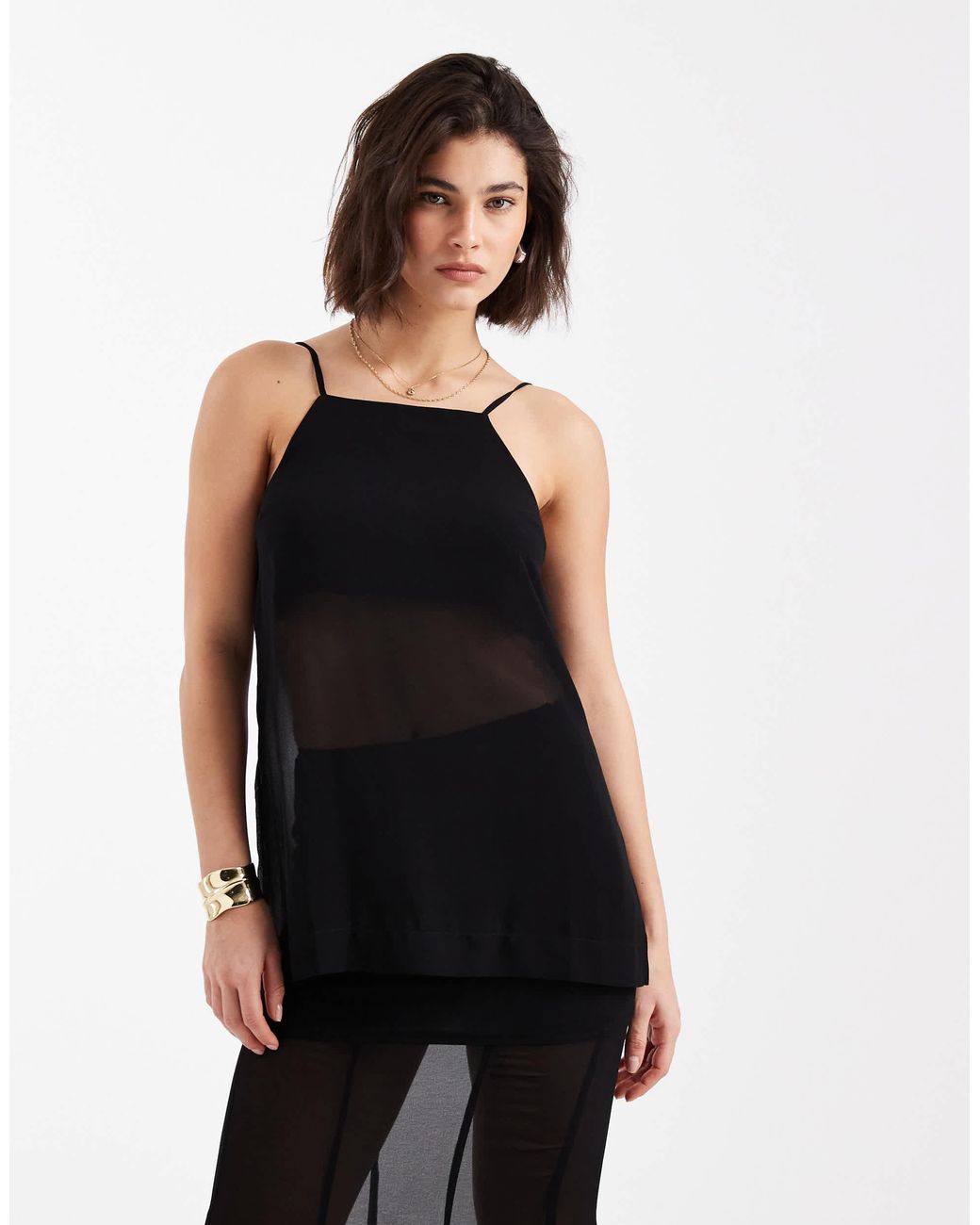 ASOS Chiffon Overlay Square Neck Cami in Black | Lyst