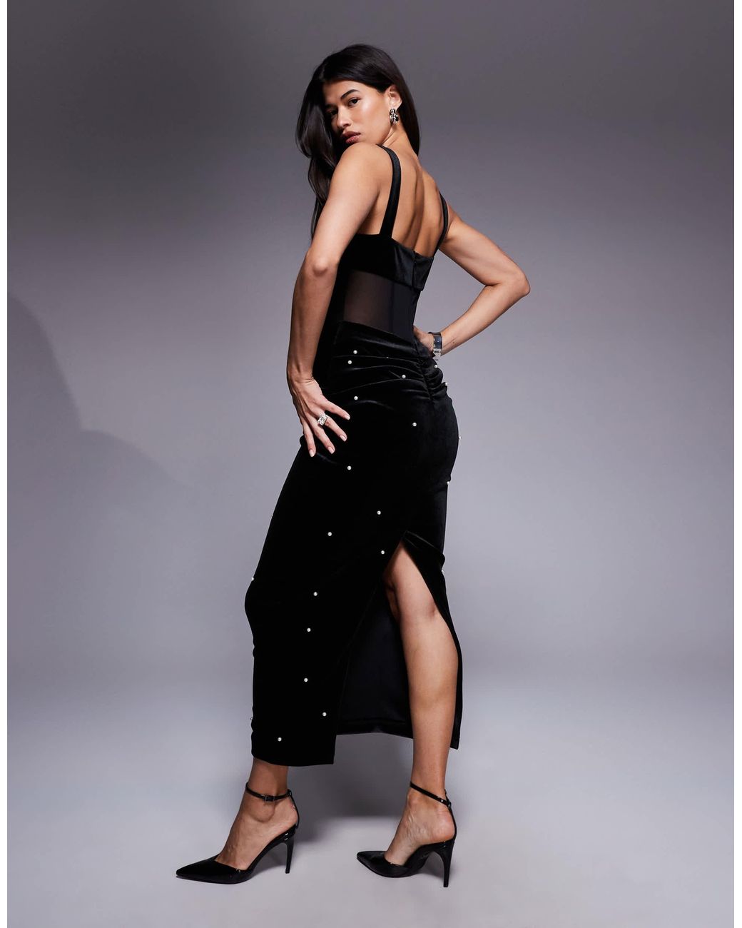 ASOS Velvet Midi Dress With Sheer Corset And Pearl Details in Blue | Lyst