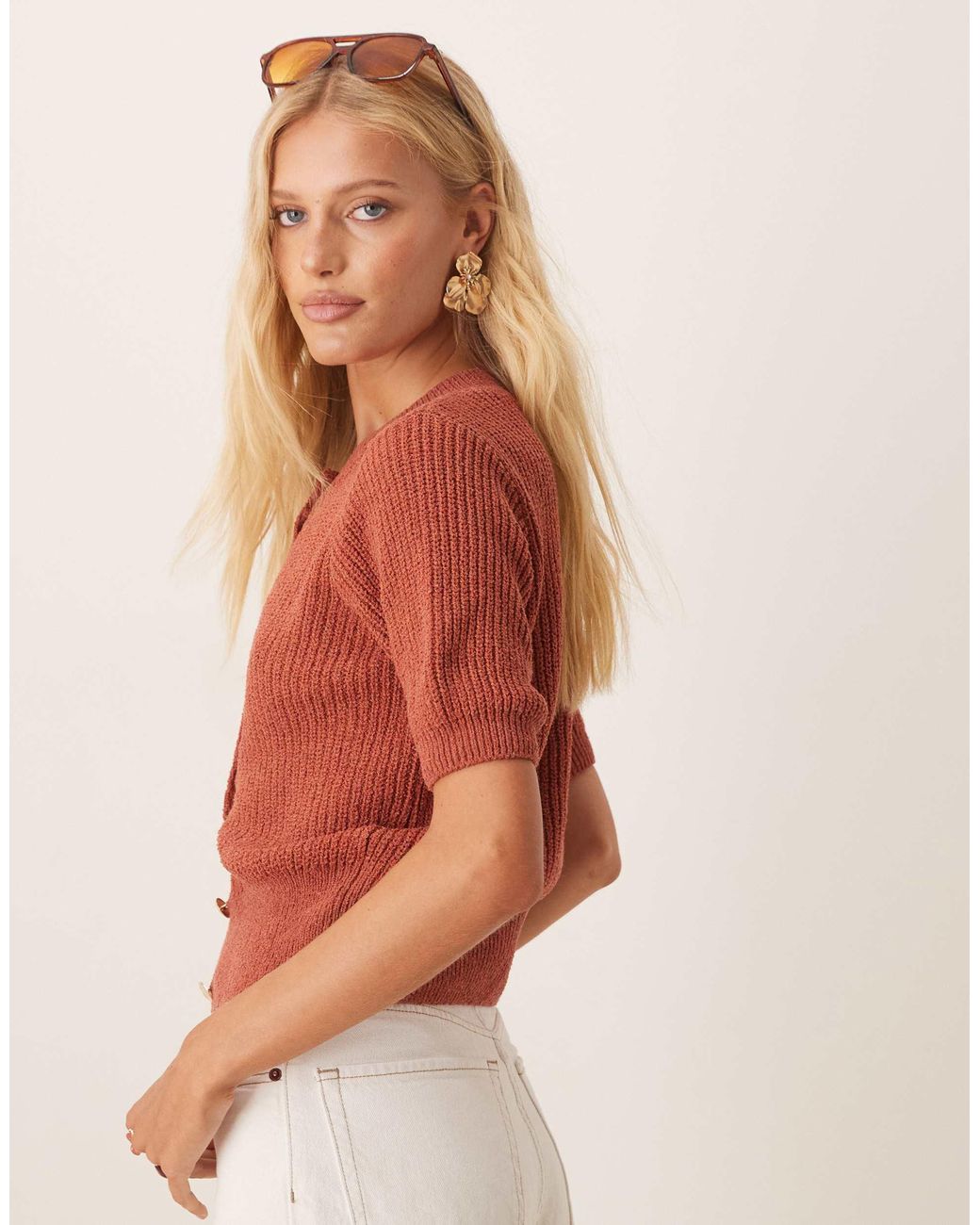 ASOS Textured Short Sleeve Cardigan With Gold Buttons | Lyst